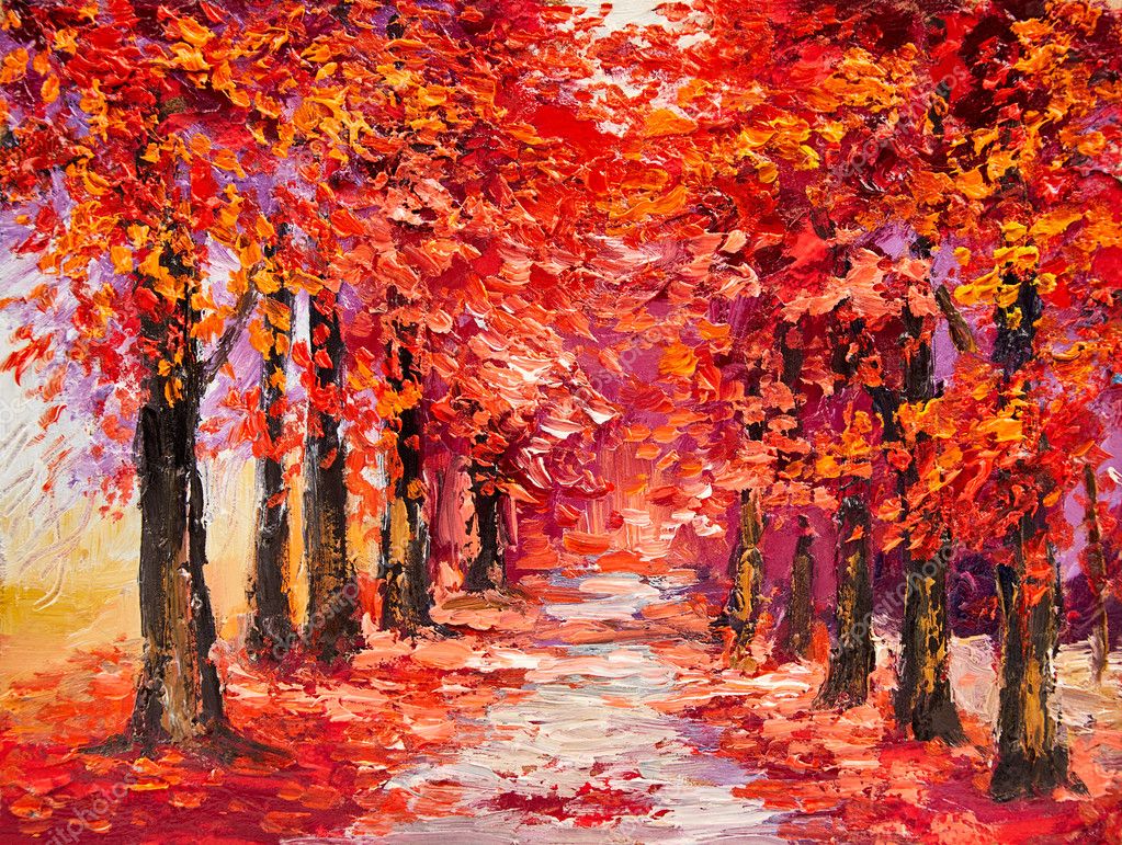 Oil painting, colorful autumn trees, impressionism art Stock ...