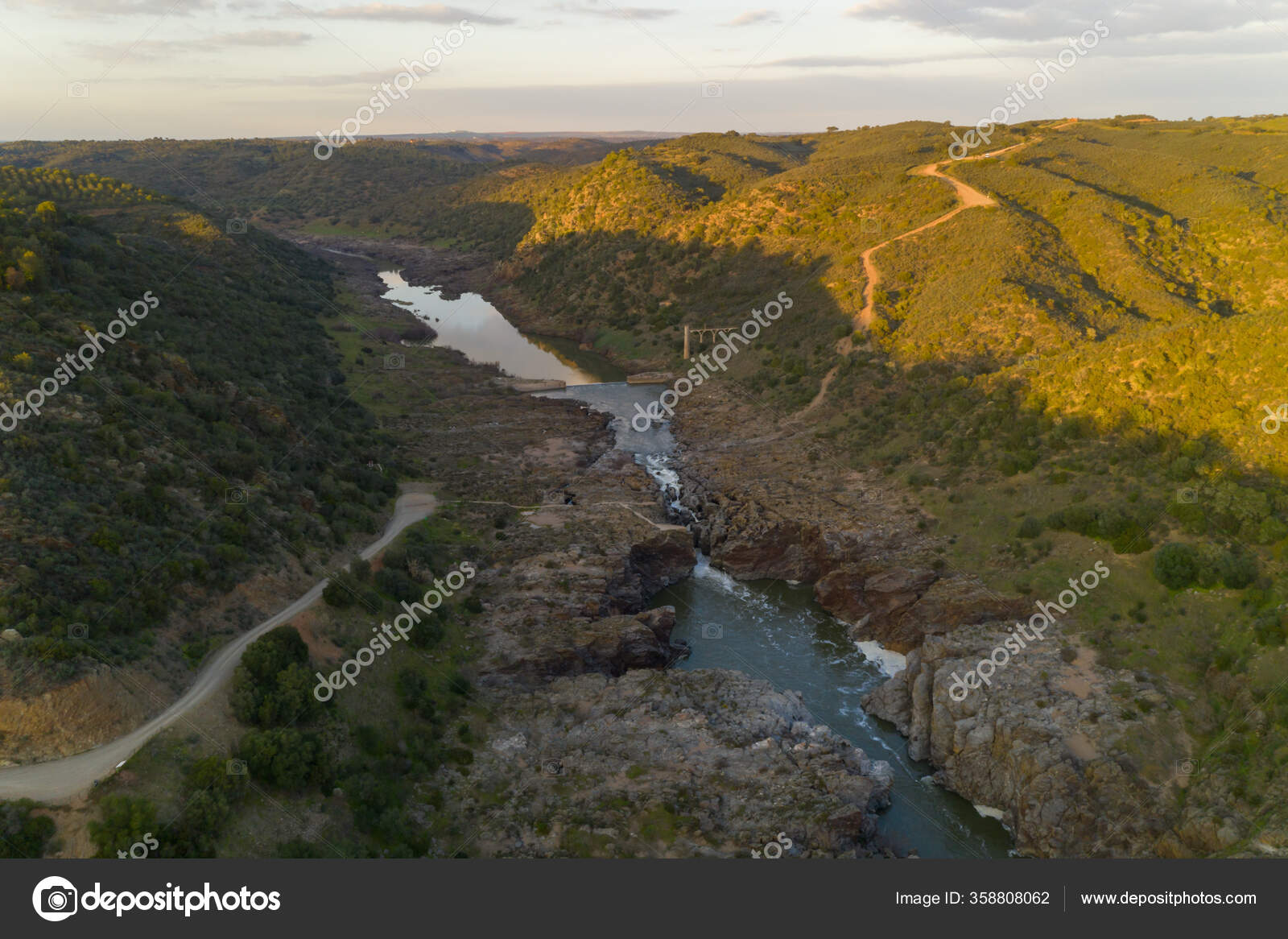 Pulo Lobo Waterfall Drone Aerial View River Guadiana Beautiful Green ...