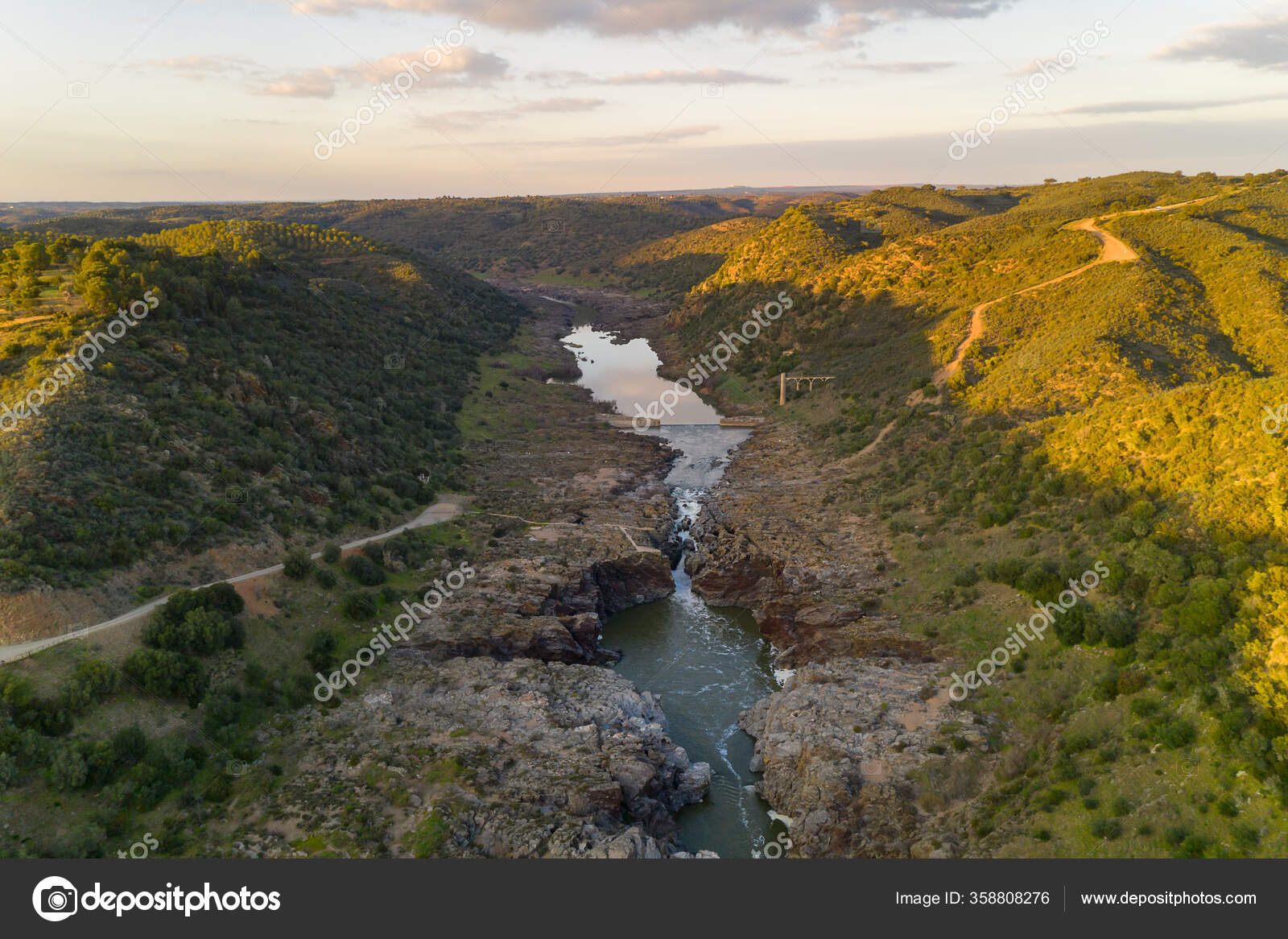 Pulo Lobo Waterfall Drone Aerial View River Guadiana Beautiful Green ...