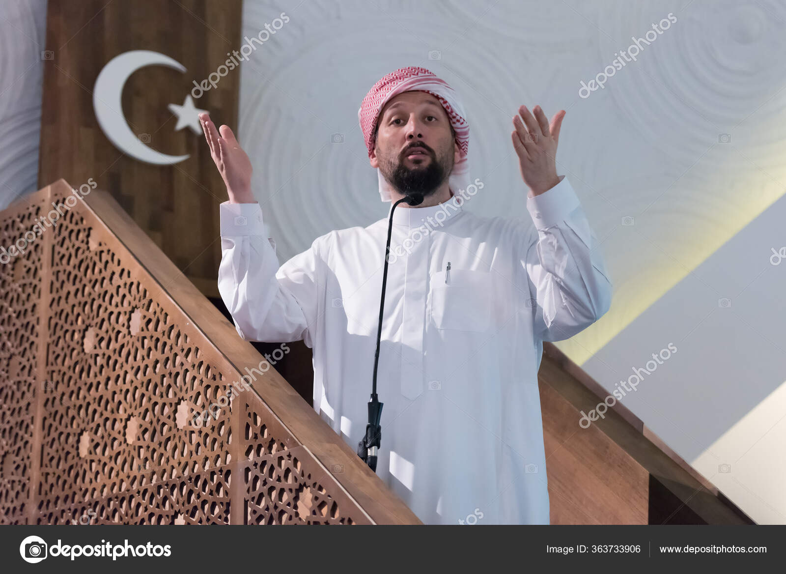 Muslims Young Arabic Imam Has Speech Friday Afternoon Prayer Mosque ...