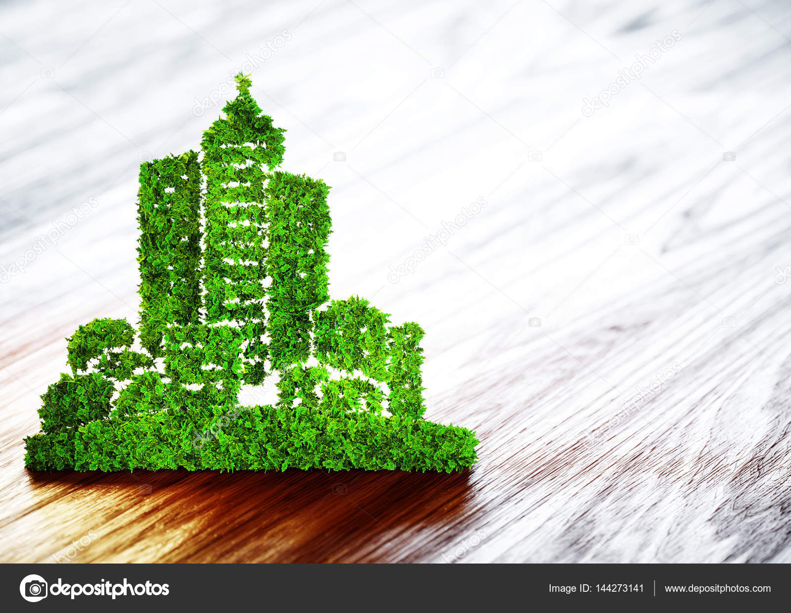 Green ecology city development icon on wooden background. Stock Photo ...