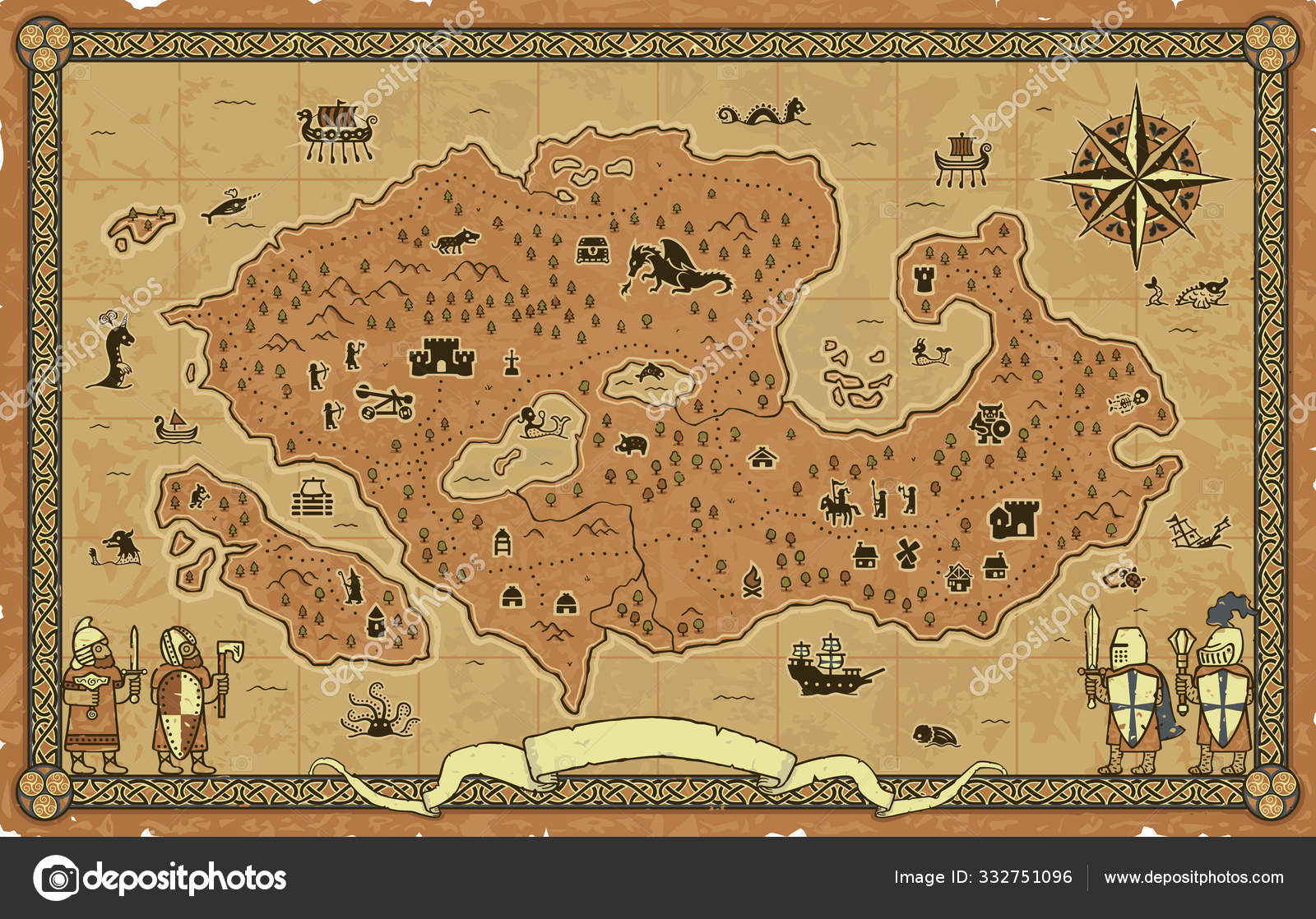 Framed Medieval Fantasy Map Parchment Background Banner Knights Compass ...