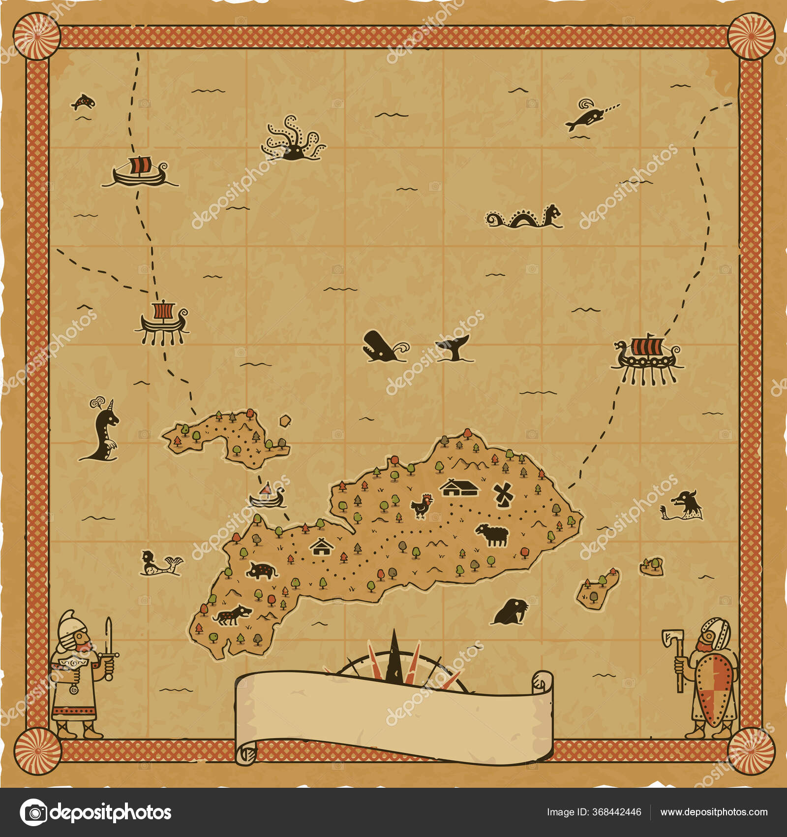 Ancient Viking Expedition Map Sea Creatures Settlement Whales Sea ...