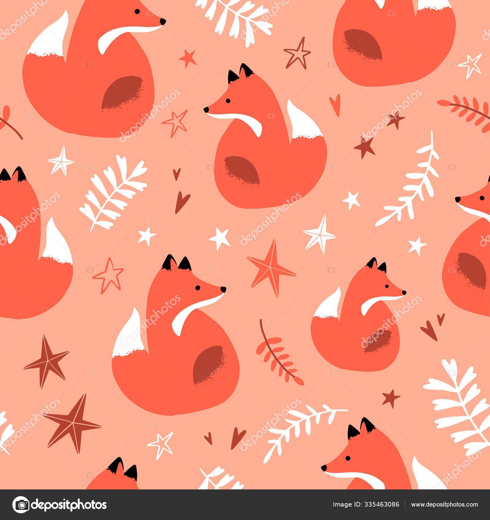Cute Fox Pattern With Orange Background and Stars. Can be used for ...