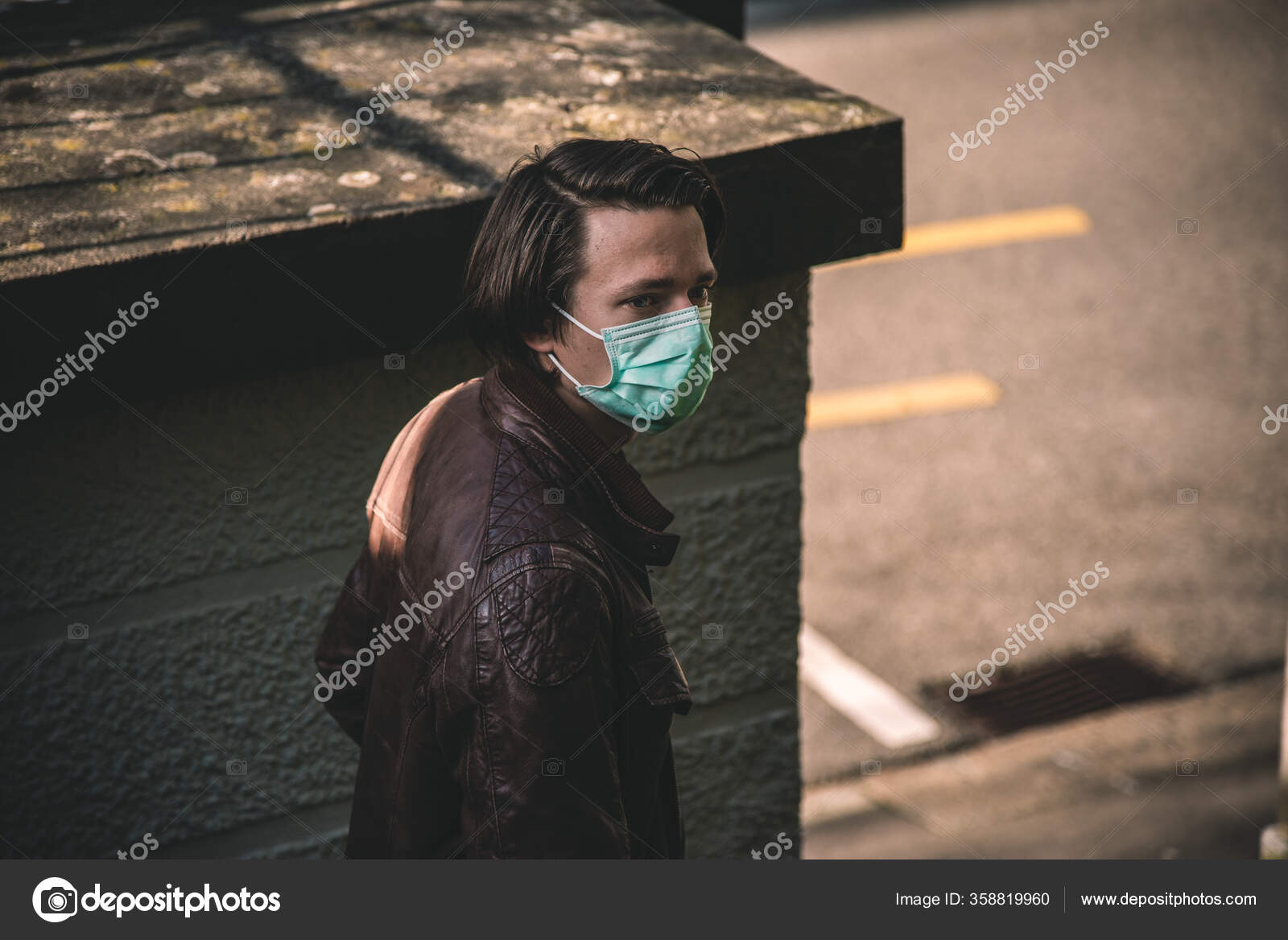 Man Face Mask Looks Back Covid Corona Crisis Concept Picture Stock ...