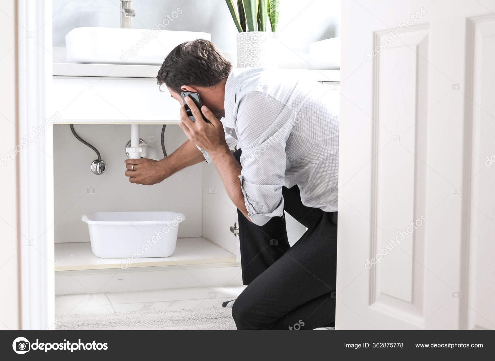 Sad Young Man Calling Plumber Front Water Leaking Sink Pipe — Stock ...