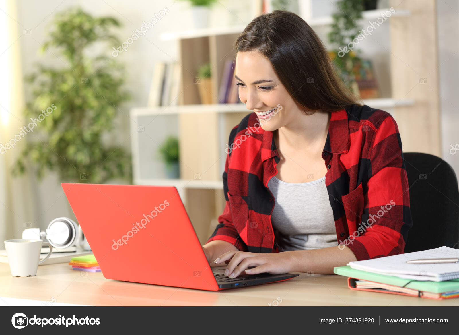 Happy Student Woman Studying Typing Red Laptop Sitting Desk Home ...