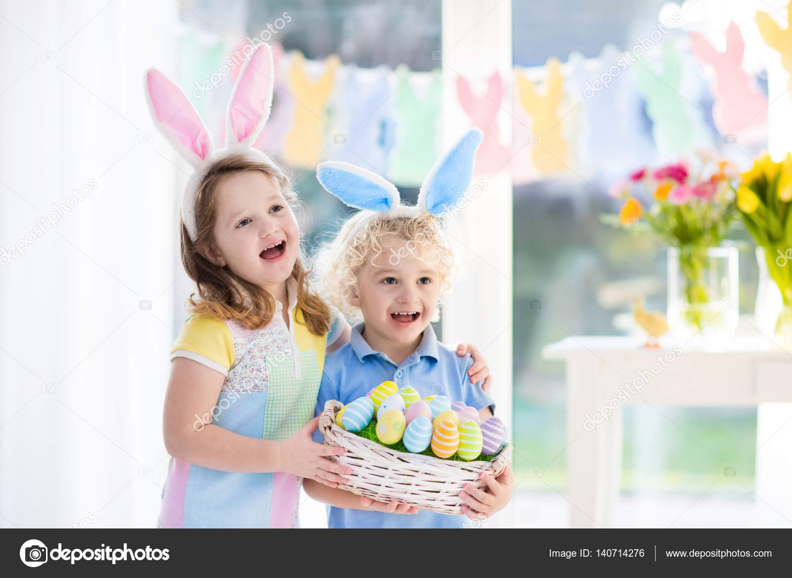 Kids with eggs basket on Easter egg hunt Stock Photo by ©FamVeldman ...