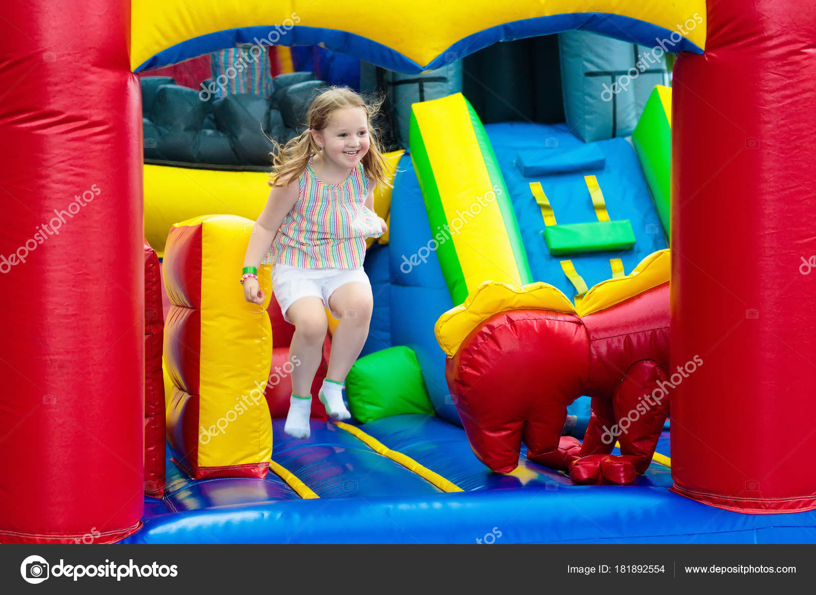 Child jumping on playground trampoline. Kids jump. — Stock Photo ...