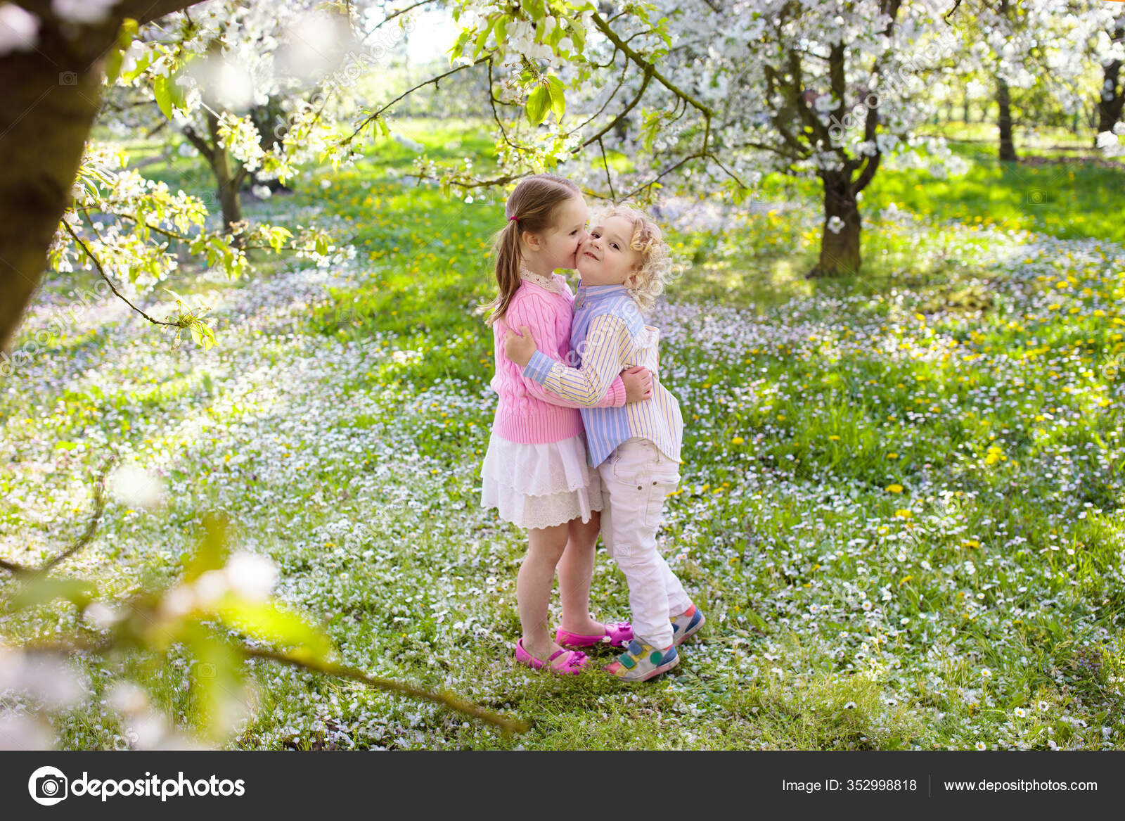 Kids Playing Blooming Cherry Blossom Garden Little Boy Girl Spring ...