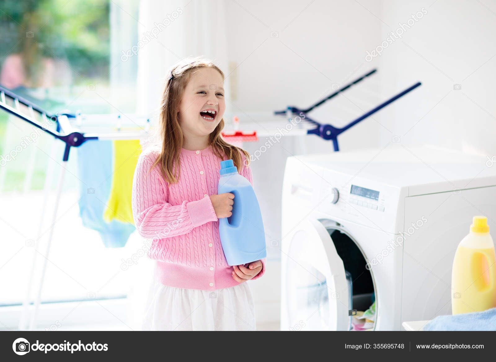 Child Laundry Room Washing Machine Tumble Dryer Kid Helping Family ...