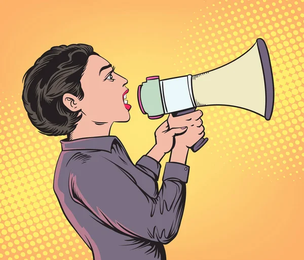 Woman Speaking Megaphone Pop Art Retro Illustration Comic Style Vector