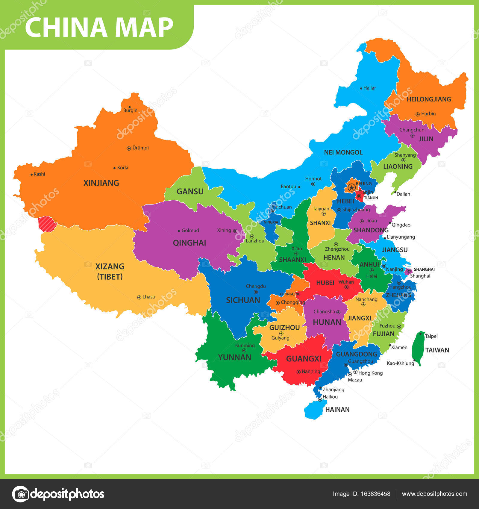 O mapa detalhado da China com regiões ou estados e cidades, capitais ...