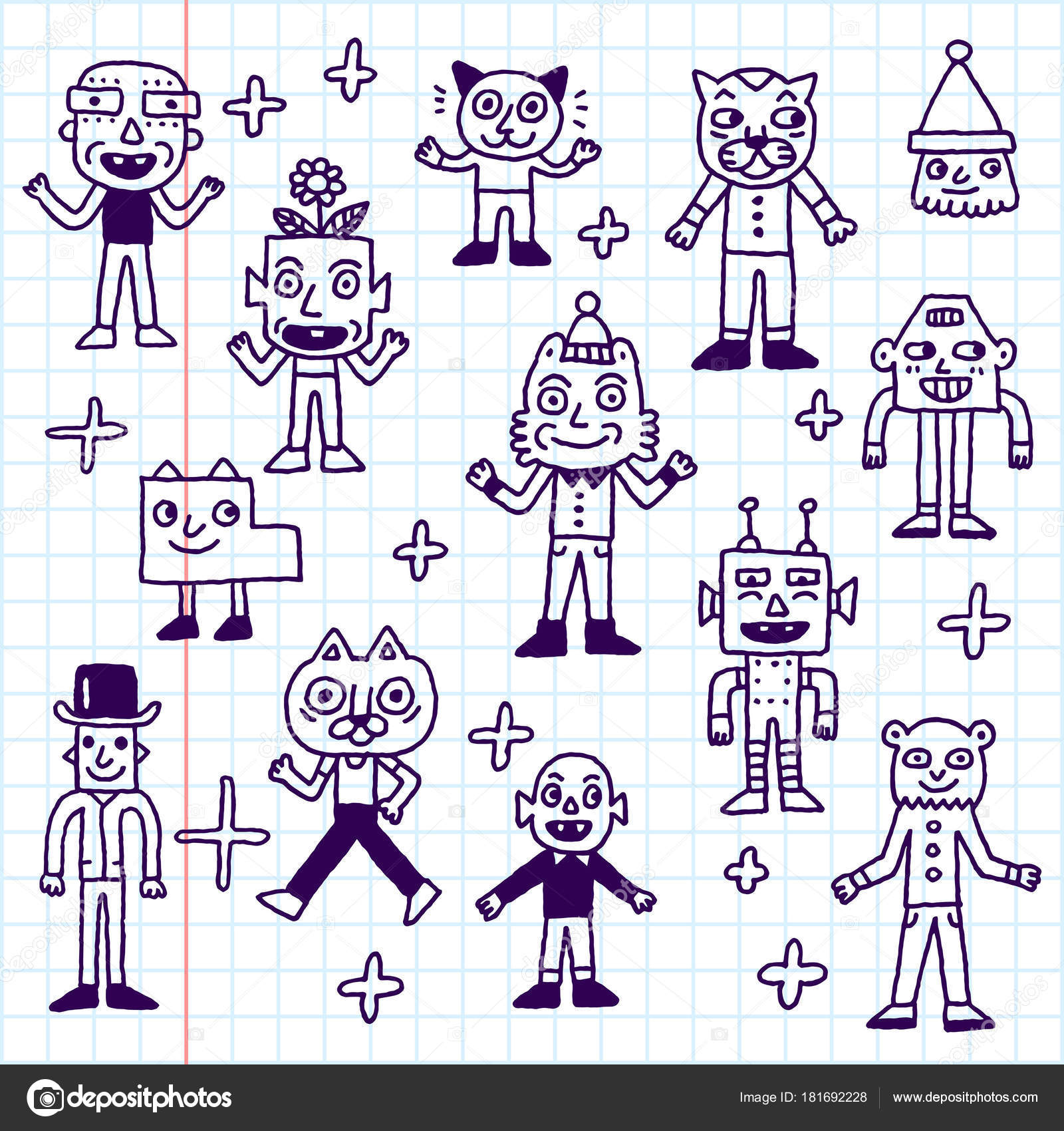 Wacky Funny Doodle Characters Outline Vector Illustrations Stock Vector ...