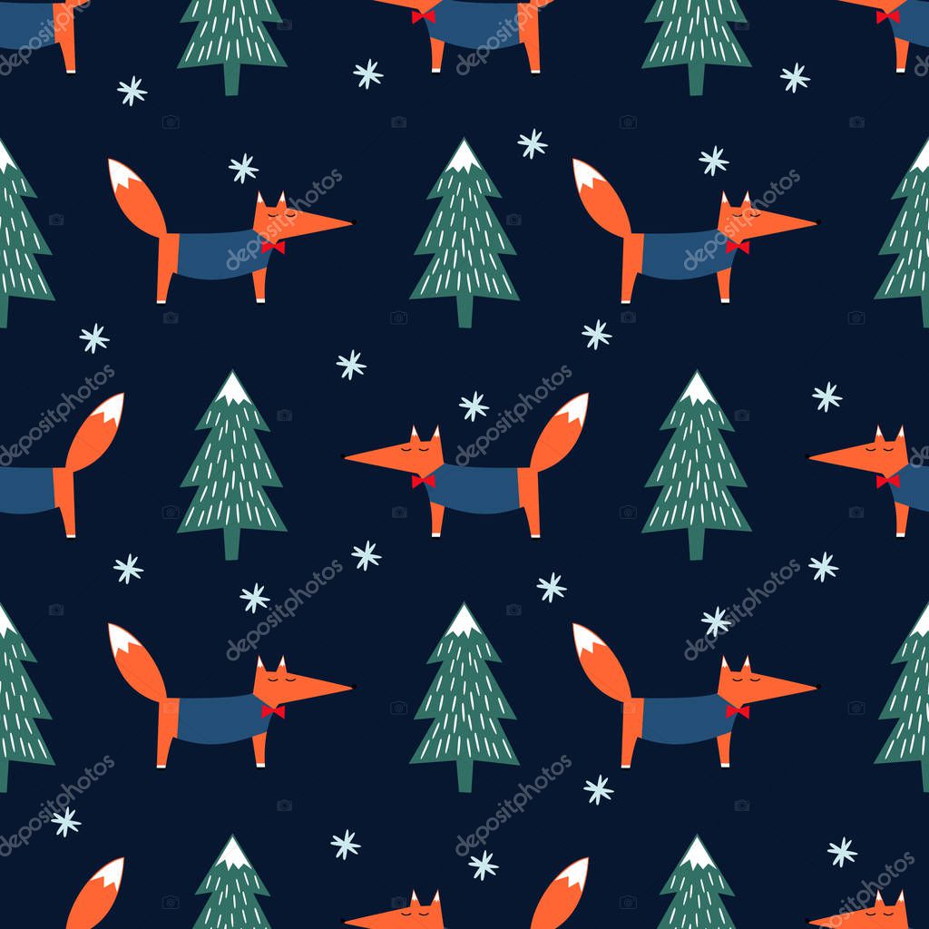 Fox, xmas tree and snowflake seamless pattern on blue background. Stock ...