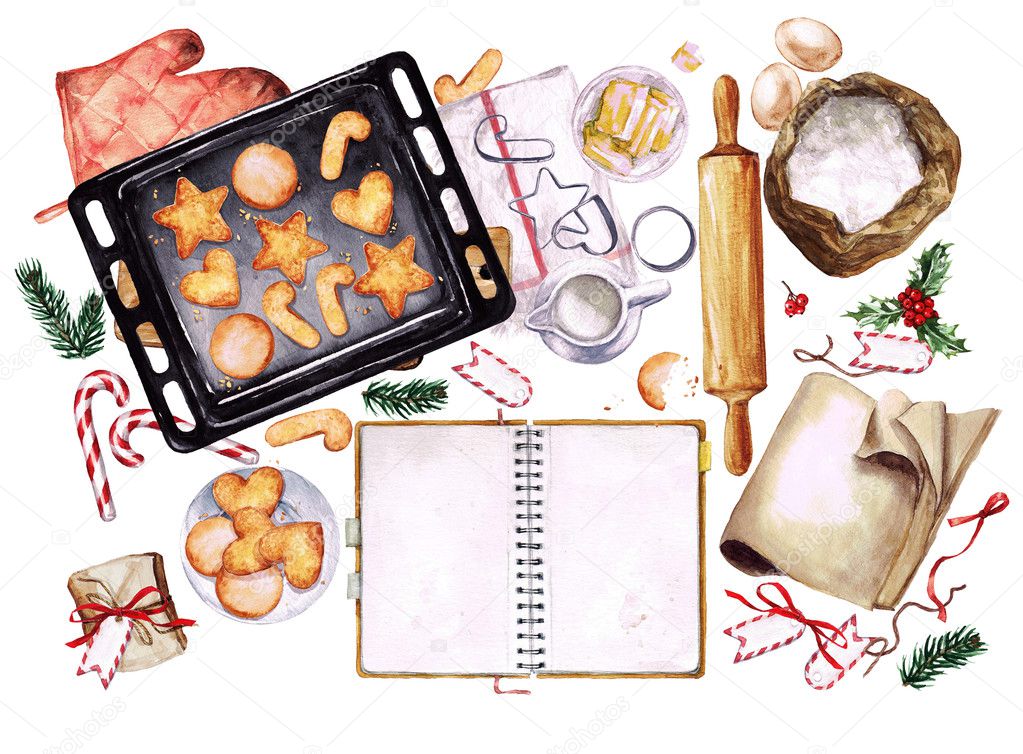 Baking Christmas Cookies. Watercolor Illustration with blank space for text. Stock Photo by ...