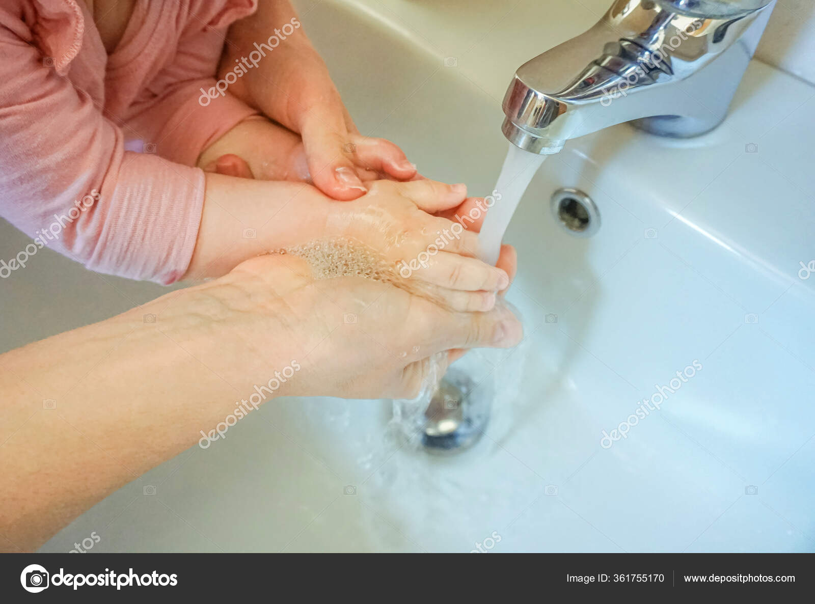Mother Helping Her Baby Wash Hands Soap Plently Water Beating Stock ...