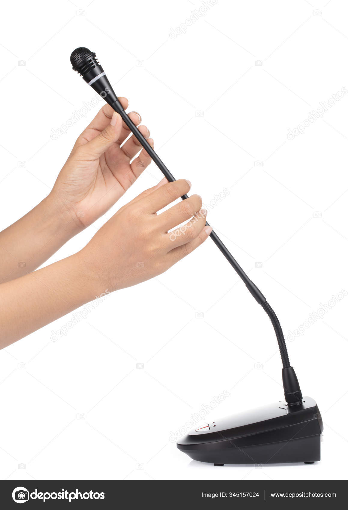 Hand using a desktop microphone isolated on white background Stock ...