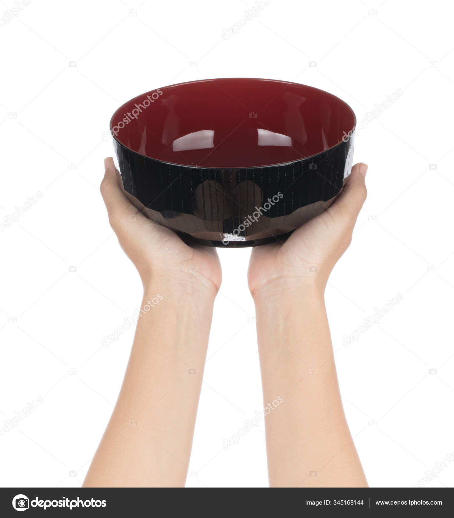 Hands holding Japanese empty bowl isolated on white background Stock ...