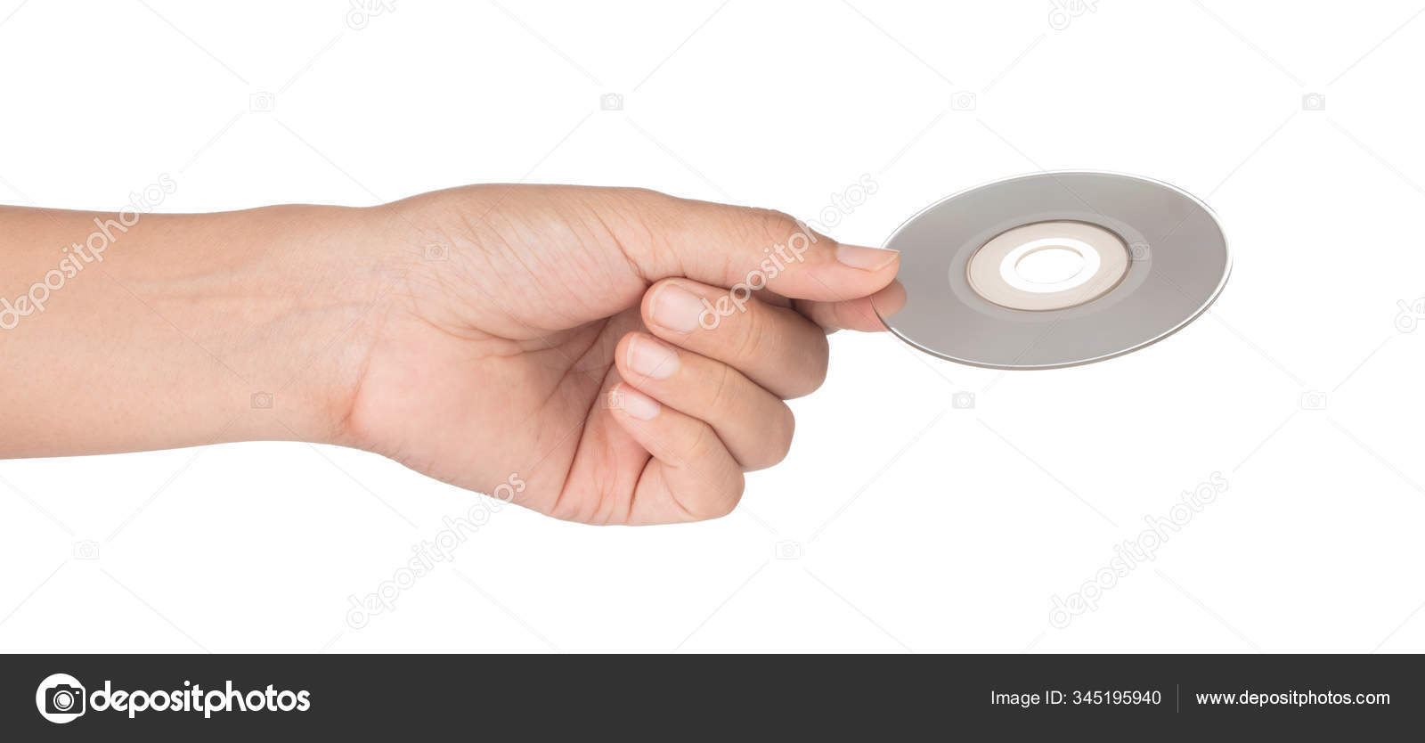Hand holding Mini DVD or CD Disc isolated on a white background ...