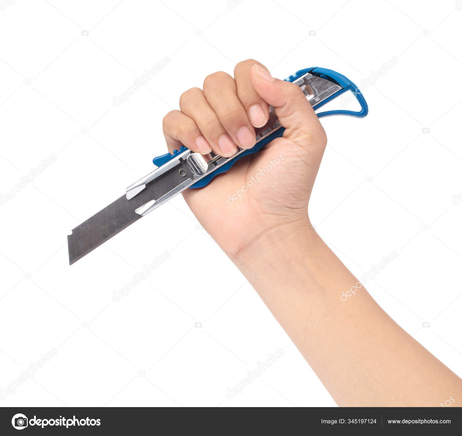 Hand holding Blue cutter knife isolated on white background — Stock ...