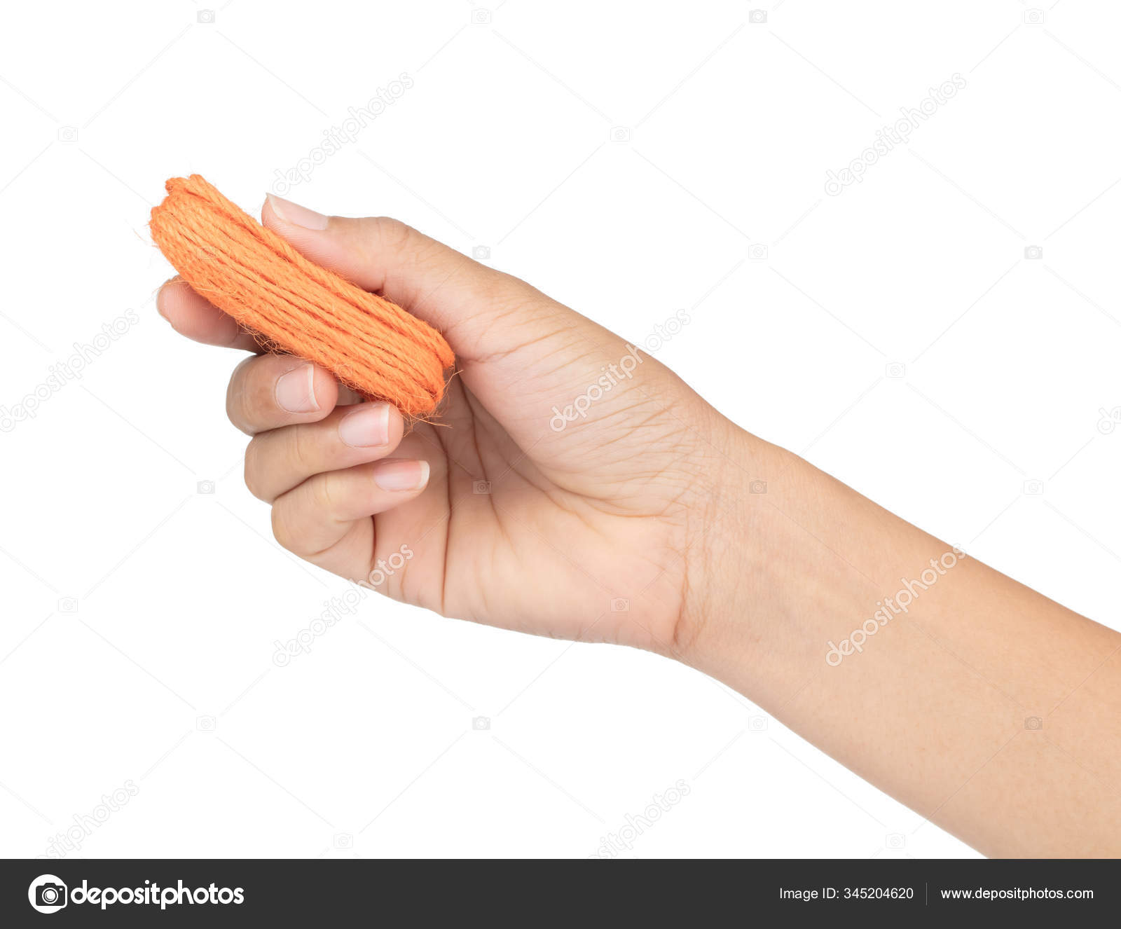 Hand holding orange wool yarn isolated on white background — Stock ...