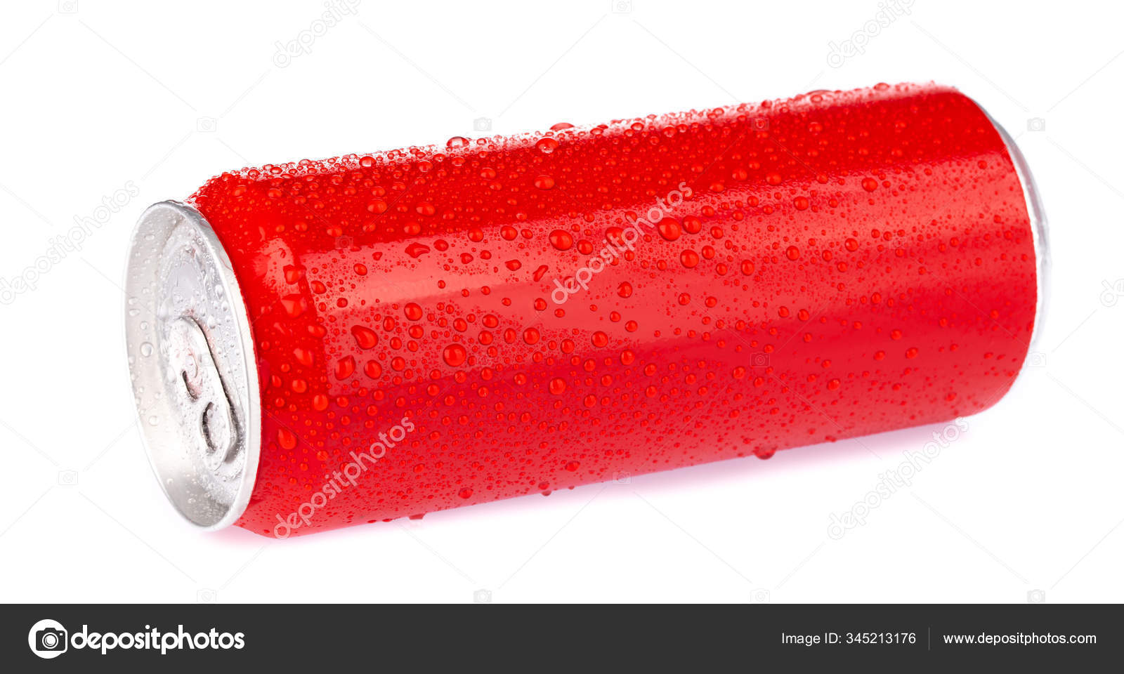Red aluminum cans with fresh water drops isolated from white bac ...
