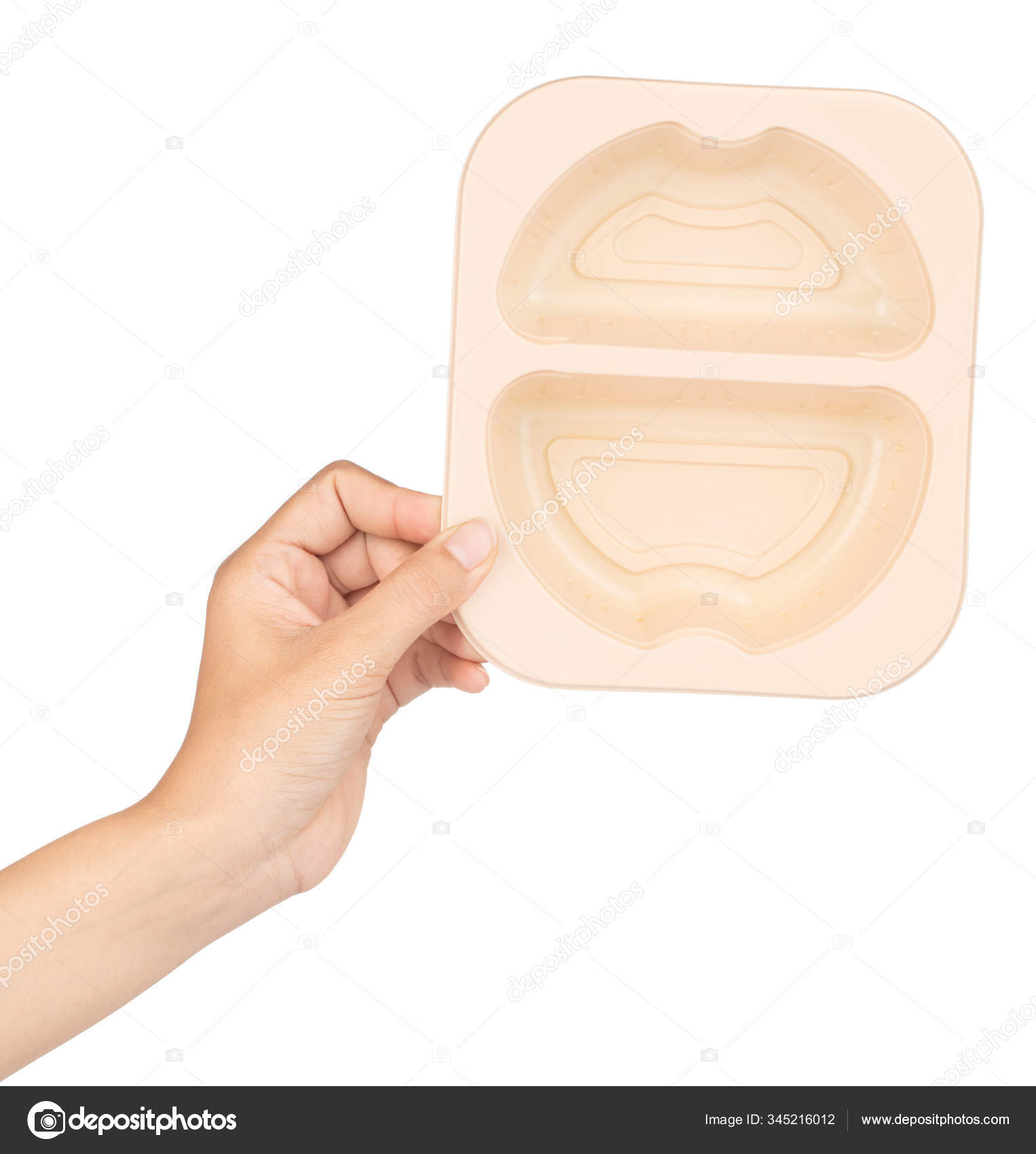 Hand holding Plastic food container isolated on white background ...