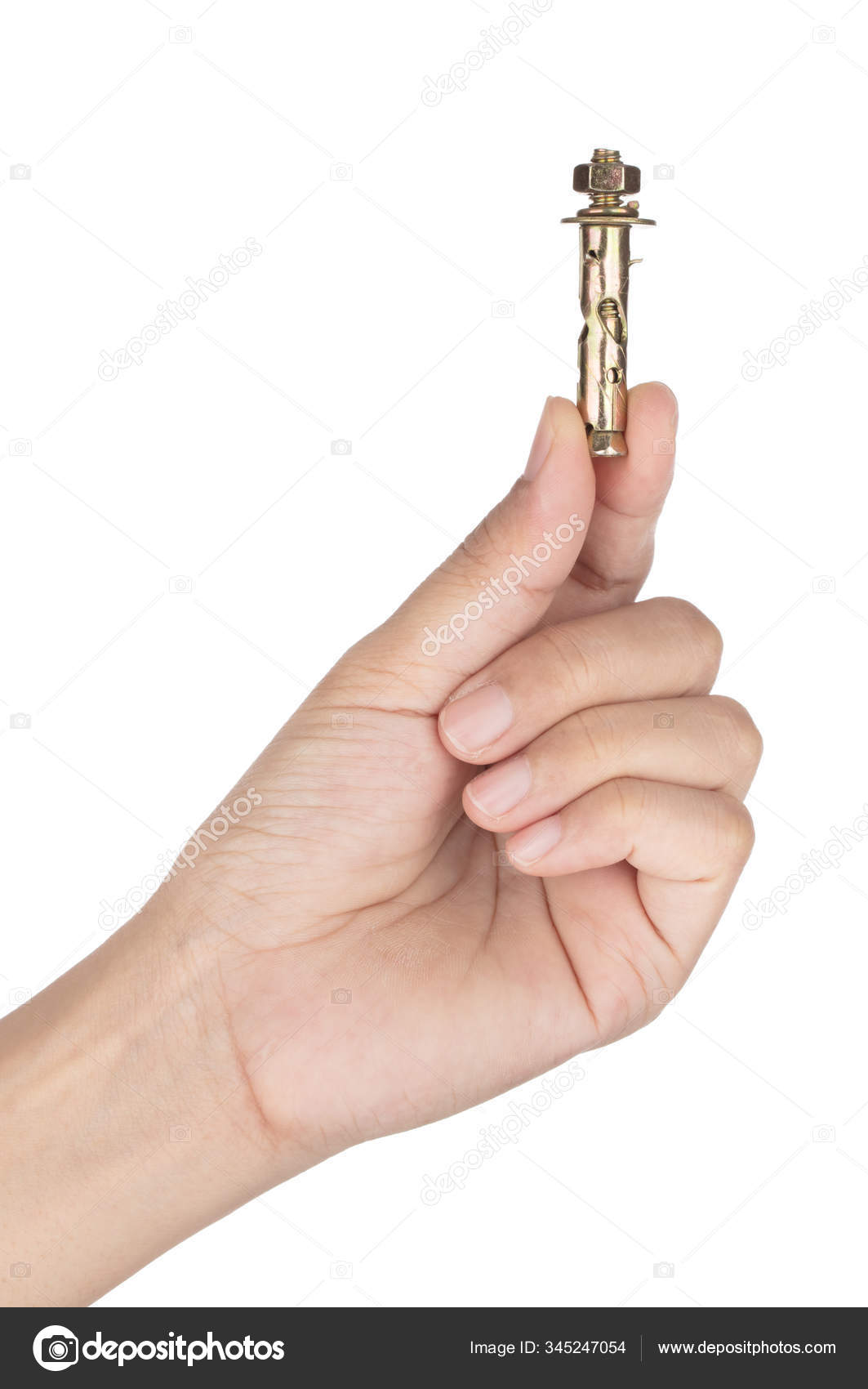Hand holding Sleeve anchor bolt isolated on white background Stock ...