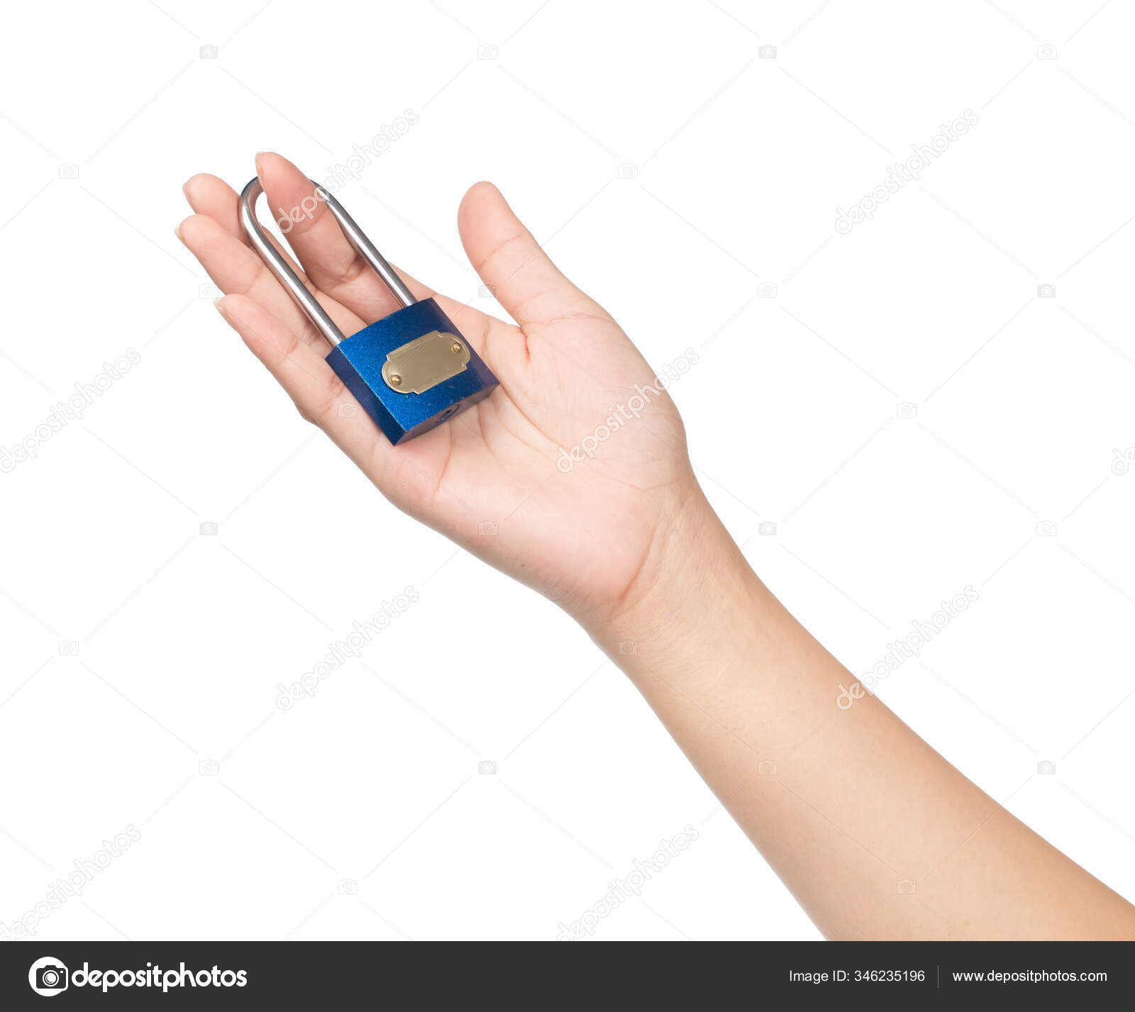 Hand Holding Blue Lock Isolated White Background — Stock Photo ...