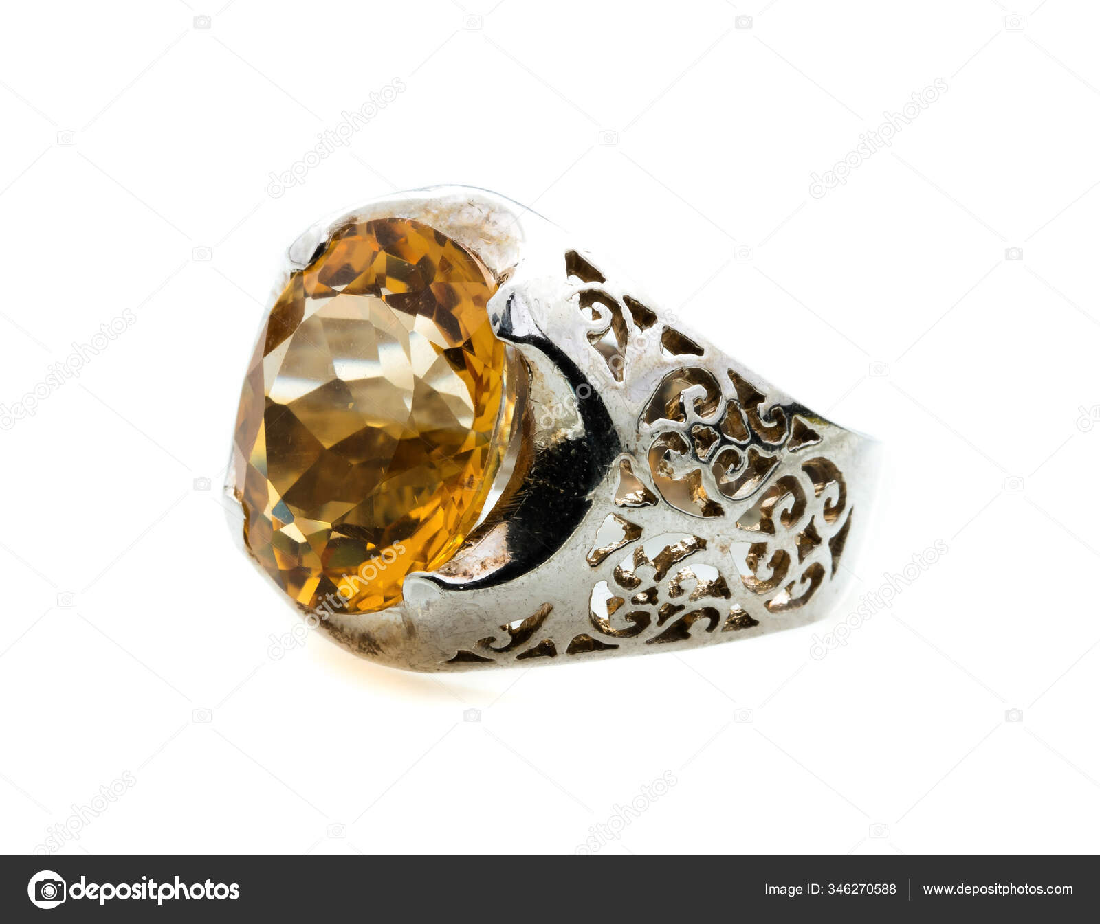 Anillo Clásico Con Una Piedra Topacio Amarillo Naranja Sobre Fondo ...