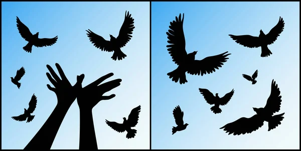 Set of silhouettes of birds and hand gesture on blue background. Bird ...