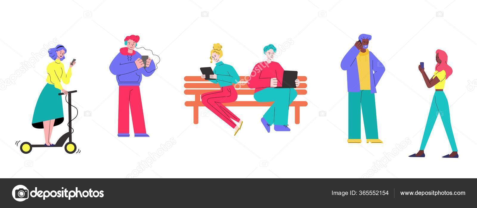 Cartoon people using gadgets outdoors - isolated set of young men and ...