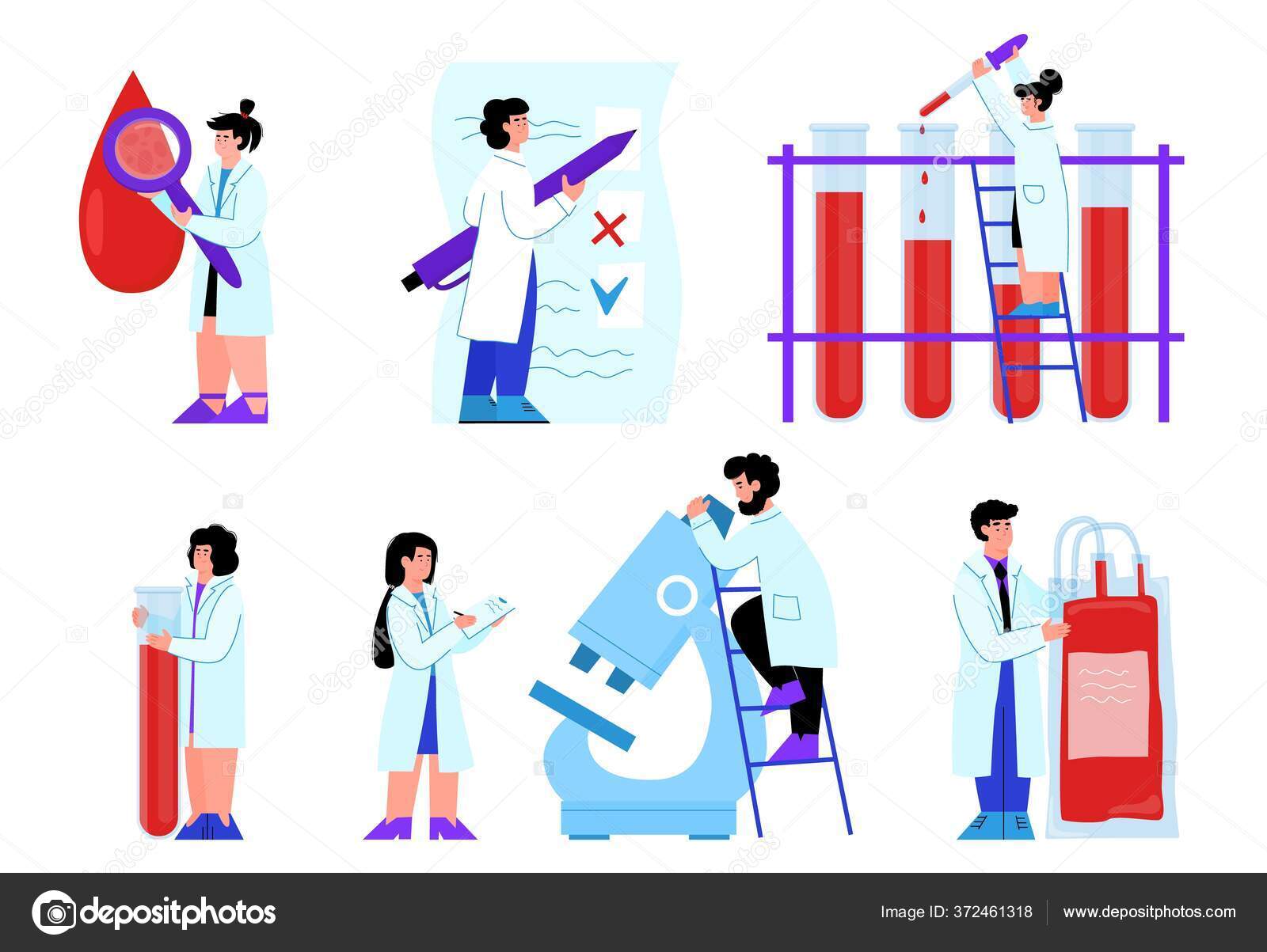 Medical blood research set with people cartoon vector illustration ...