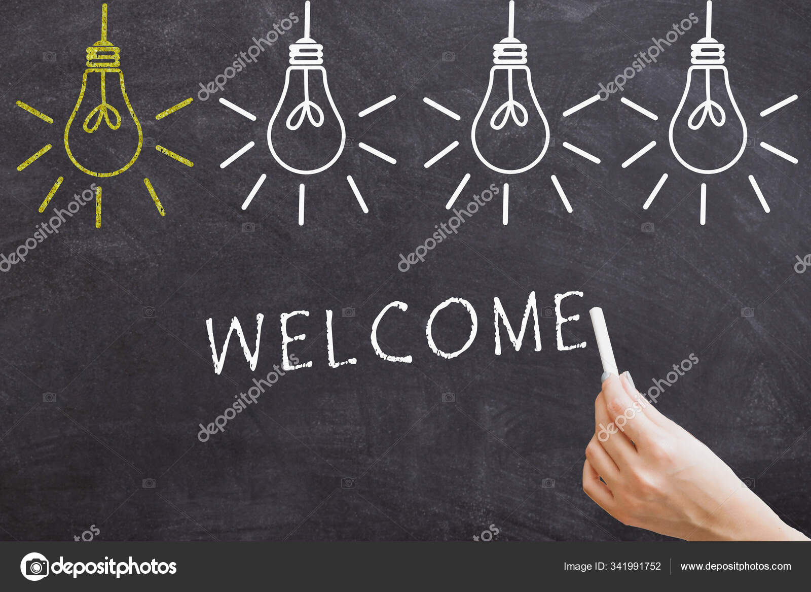 Lightbulbs word Welcome on a chalk board — Stock Photo © Animaflora ...