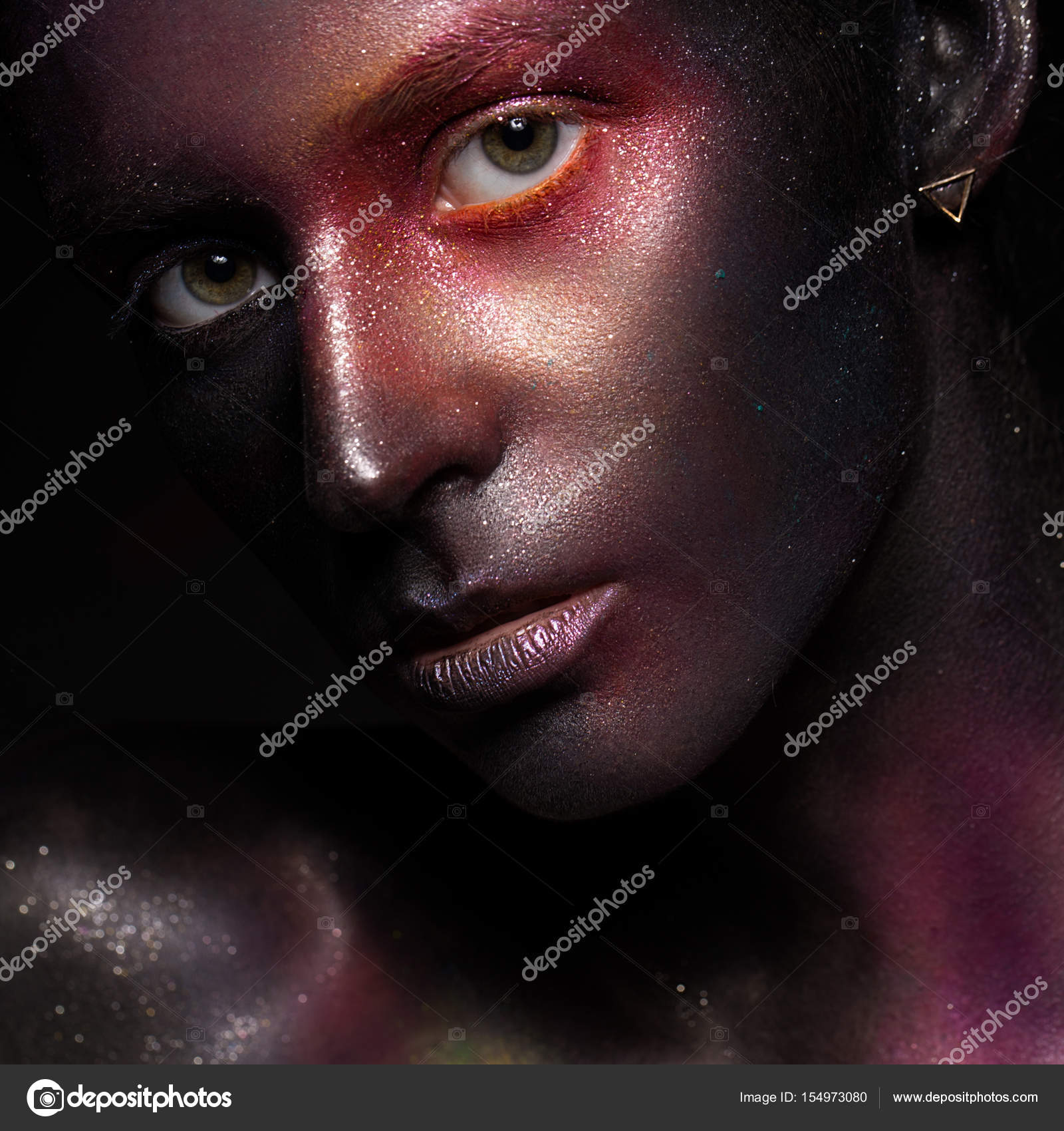 Beautiful girl with art space makeup on her face and body. Glitter Face ...