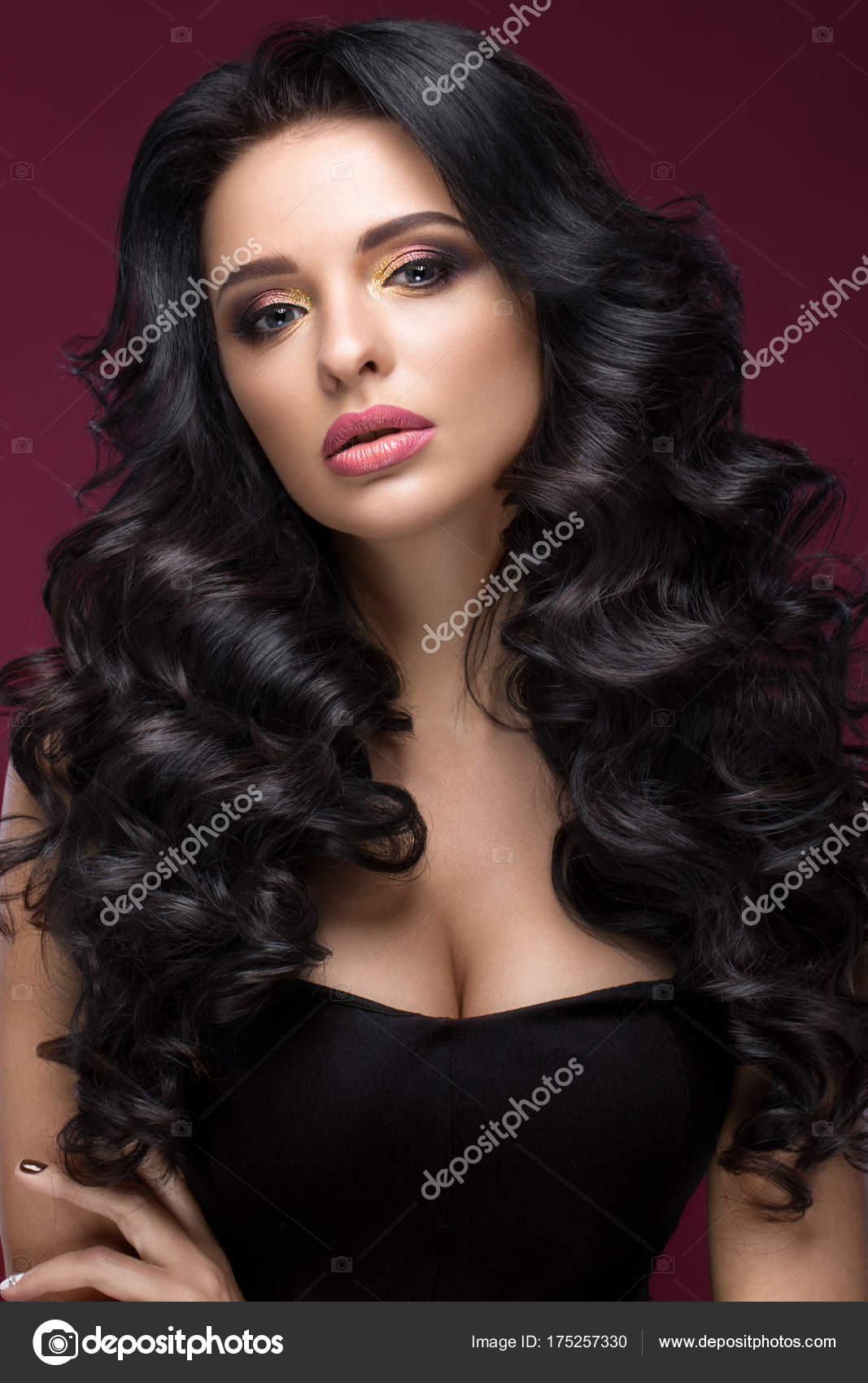 Beautiful Brunette Model Curls Classic Makeup Gold Jewelry And Red