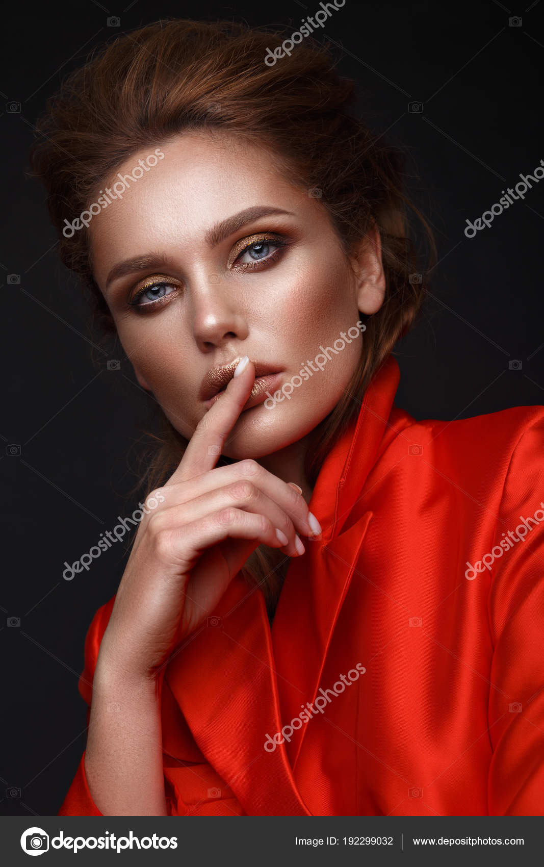Beautiful Sexy Girl With Sensual Lips Fashion Hair Red Dress And