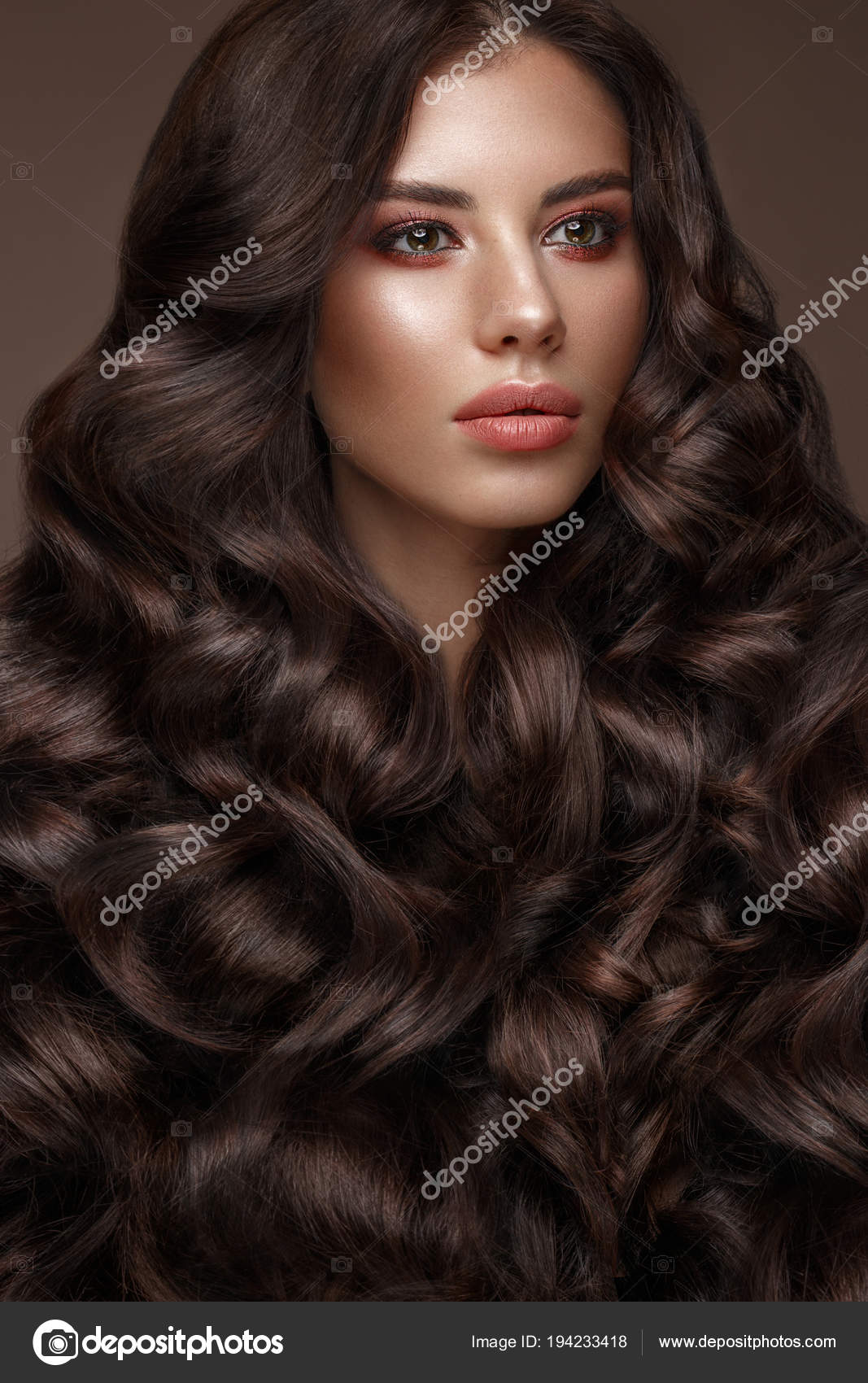 Beautiful Brunette Model Curls Classic Makeup And Full Lips The