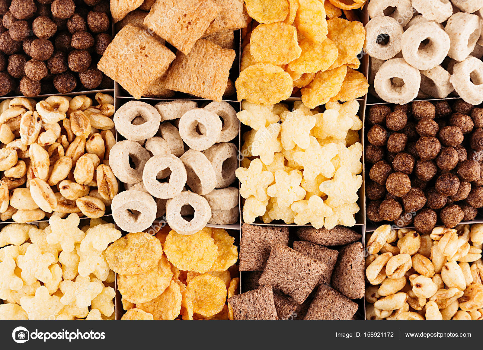 Corn flakes collection on different cereals, decorative background. Top ...