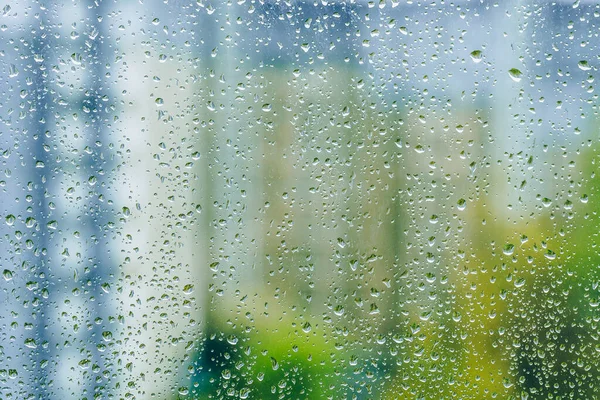 rainy droplets on a wet window glass transparent surface. drops on ...