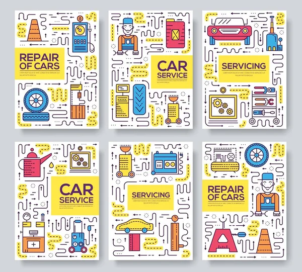 auto service vector brochure cards thin line set. mechanic repair a car ...