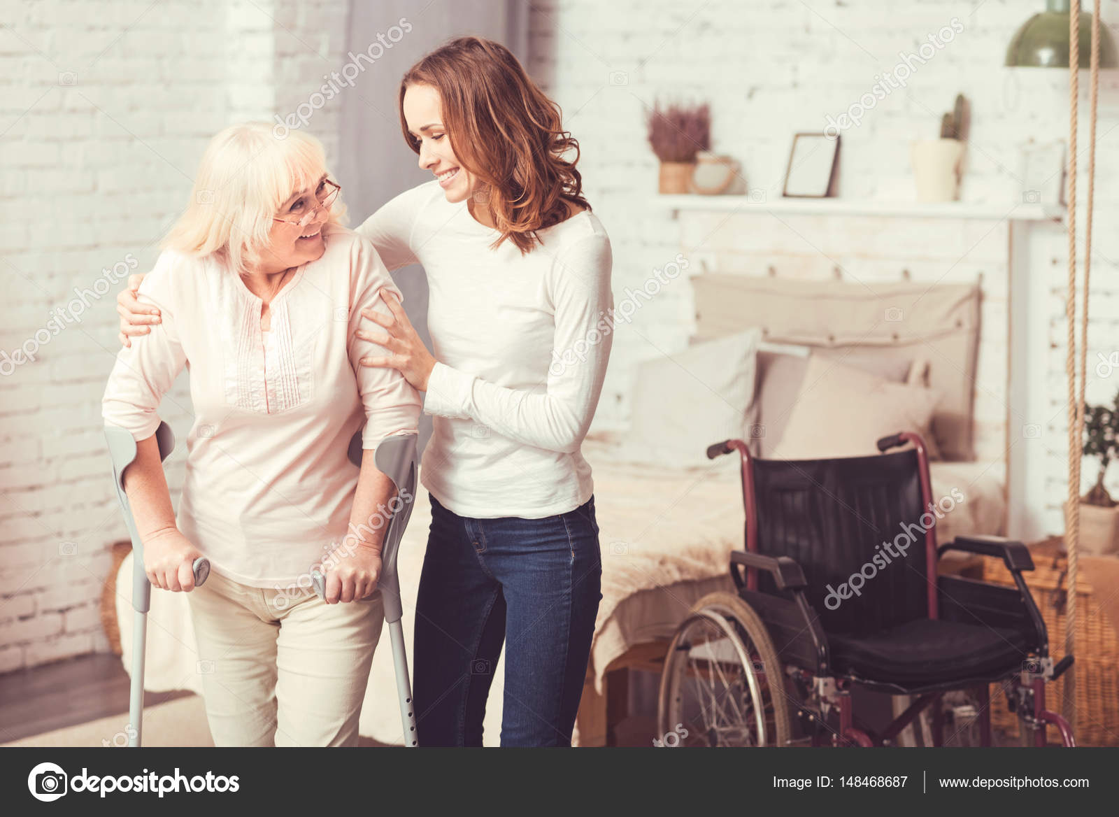 Someone Helping Old Lady Young Woman Helping Elderly Lady Hi Res Stock