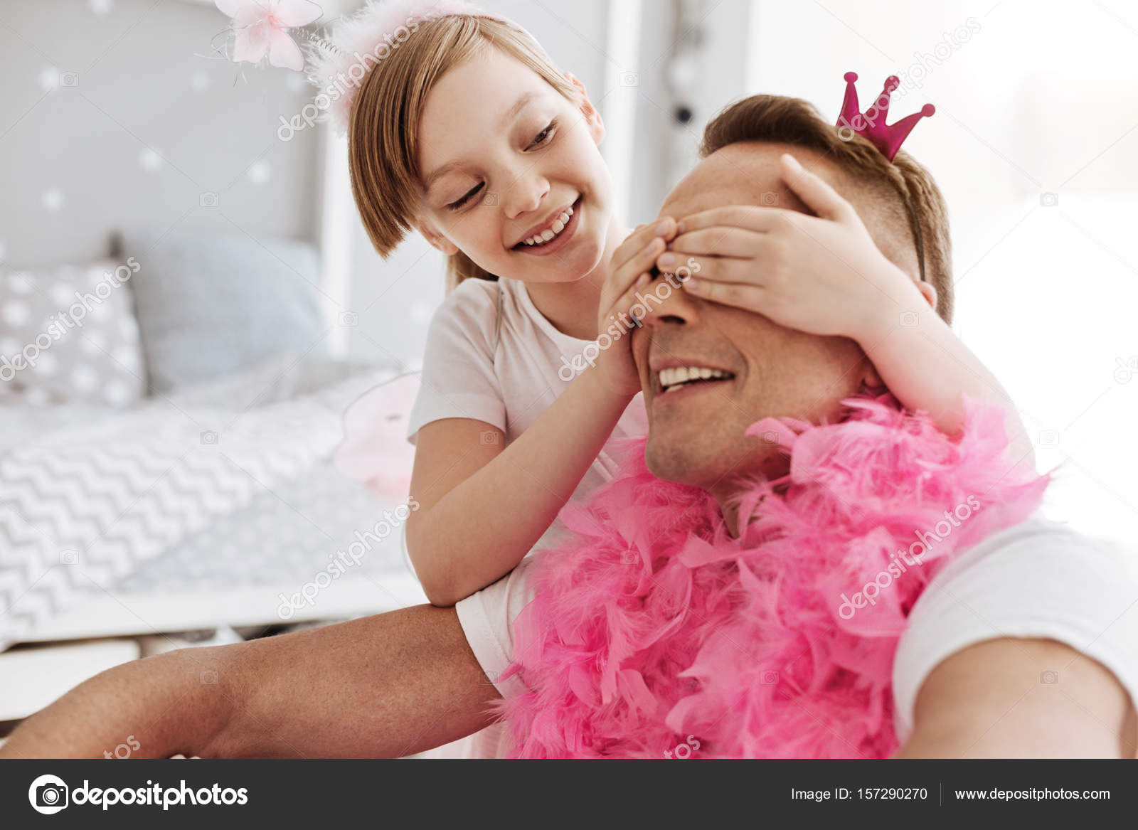 Cute fun child surprising dad with his new look — Stock Photo ...