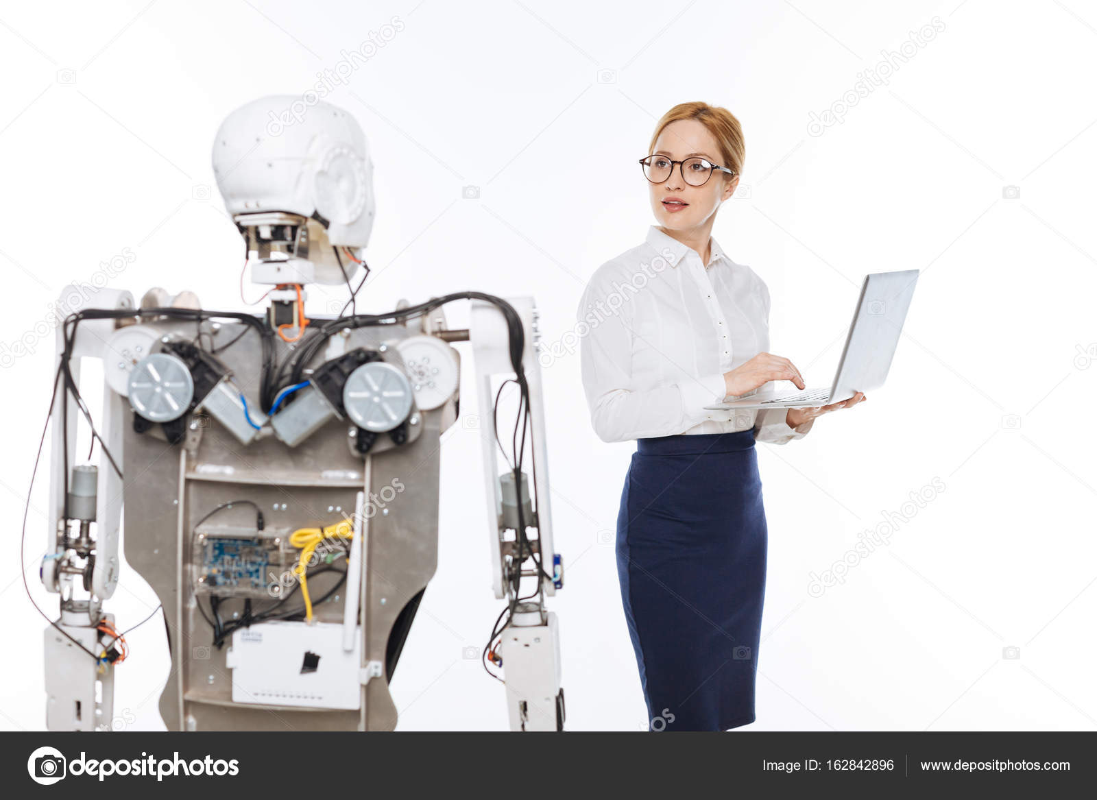 Savvy talented scientist coding the functions of the robot — Stock ...