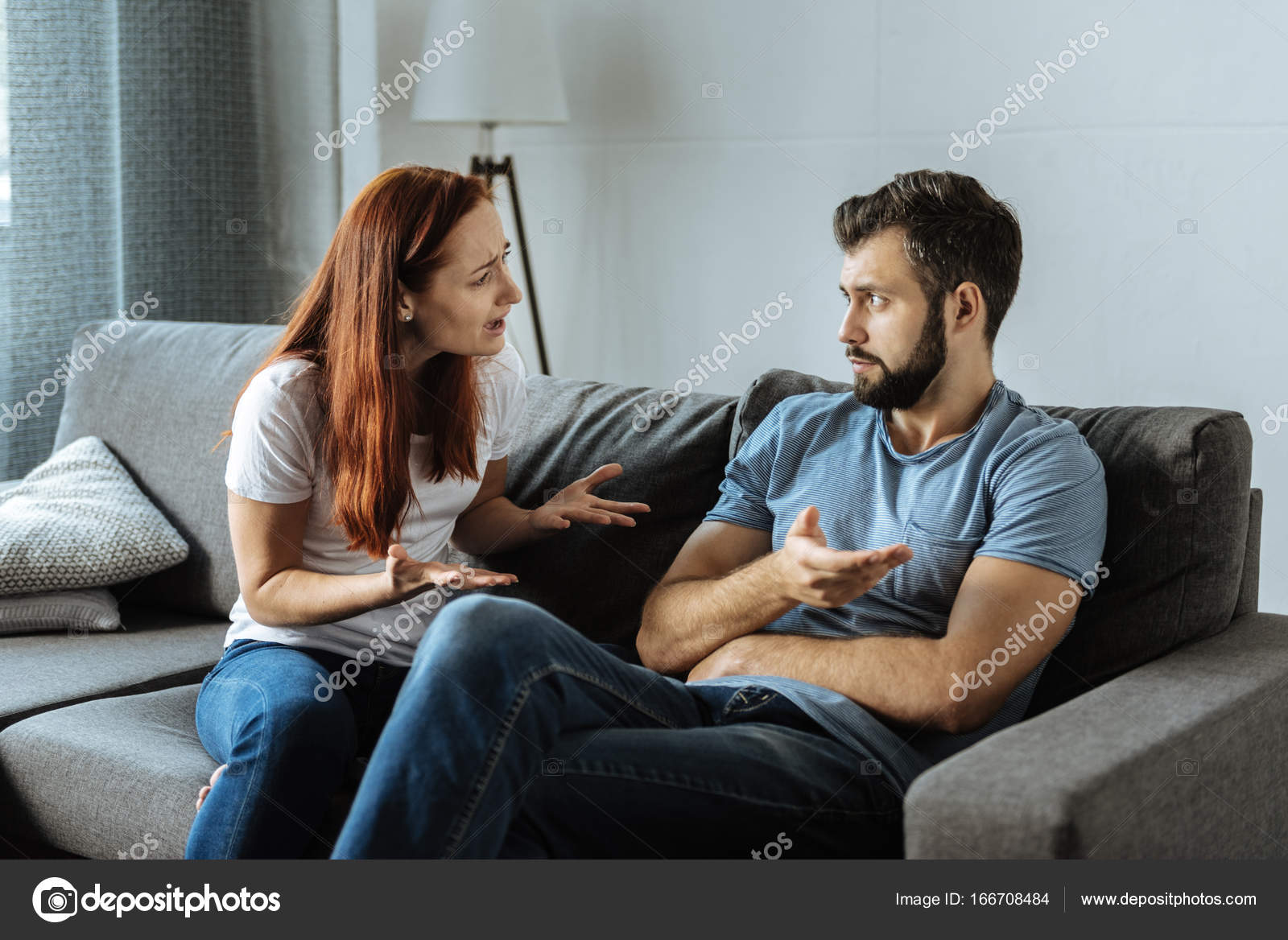 Unhappy emotional woman shouting at her boyfriend — Stock Photo ...