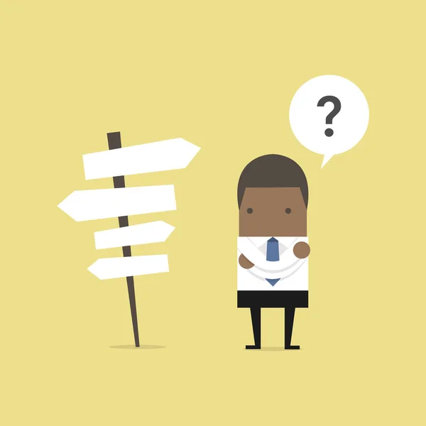 Businessman standing at cross road confused by direction signs. Choices ...