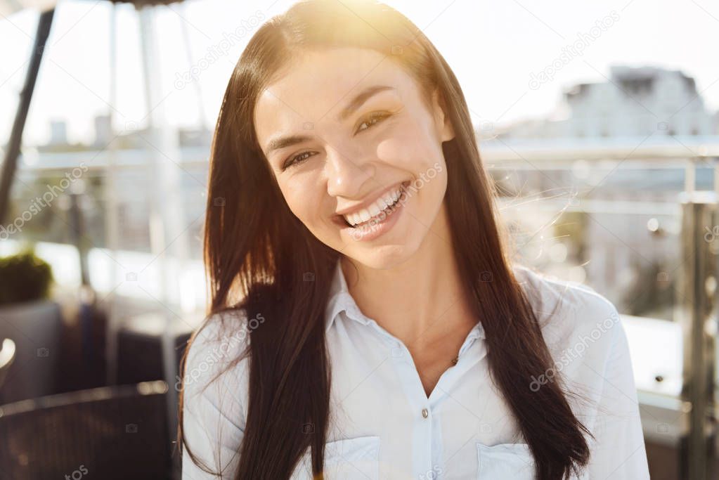 Joyful elated woman being in a great mood — Stock Photo © Dmyrto_Z ...