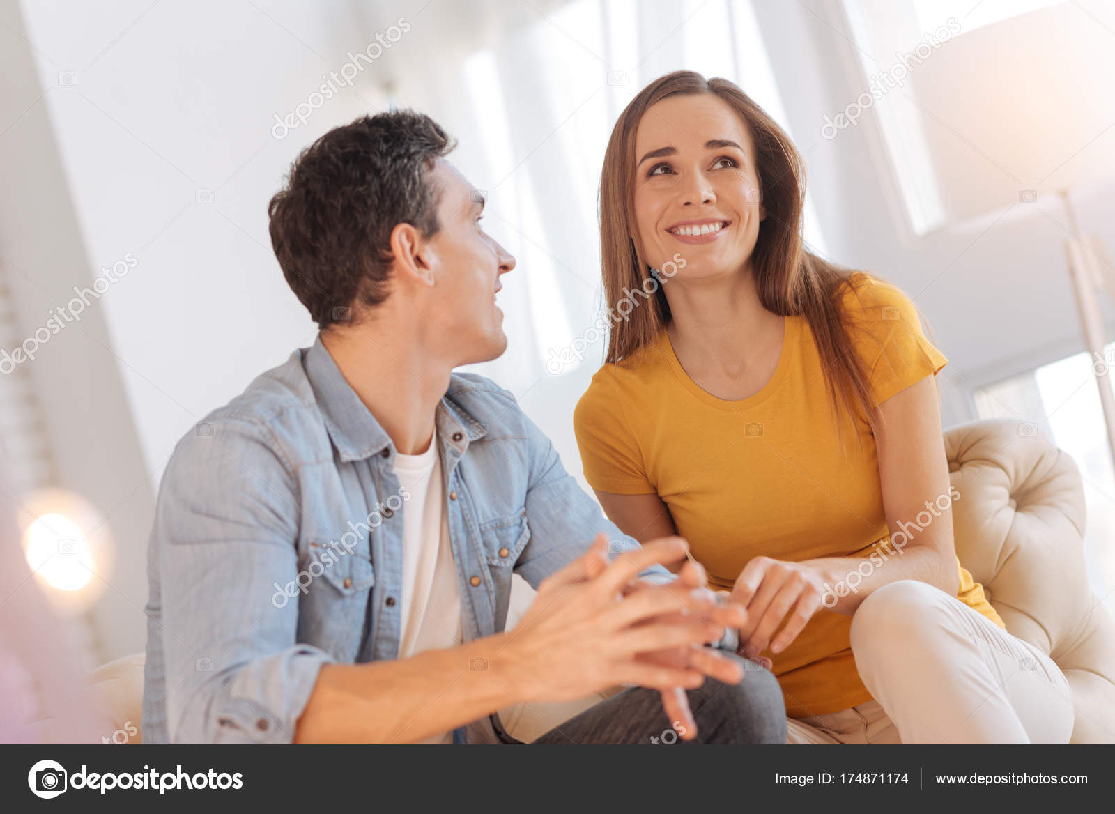 Cheerful loving people discussing their future and smiling — Stock ...