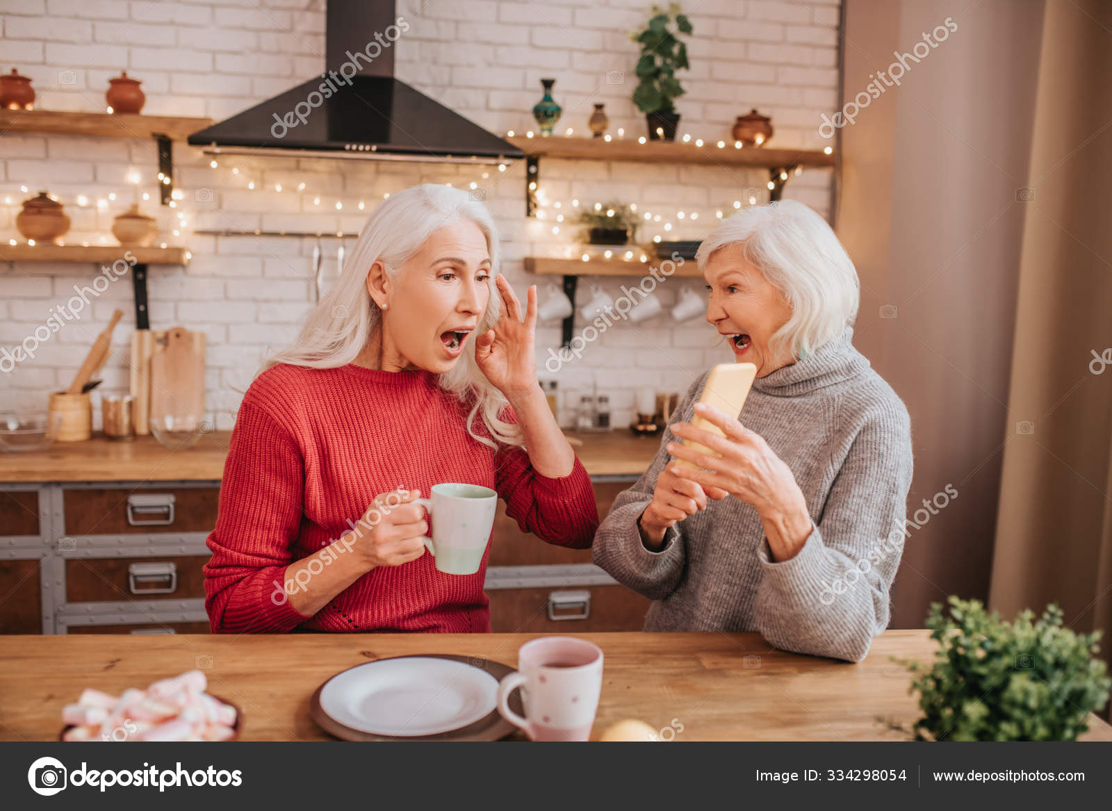 Two mature grey-haired positive ladies feeling amused — Stock Photo ...